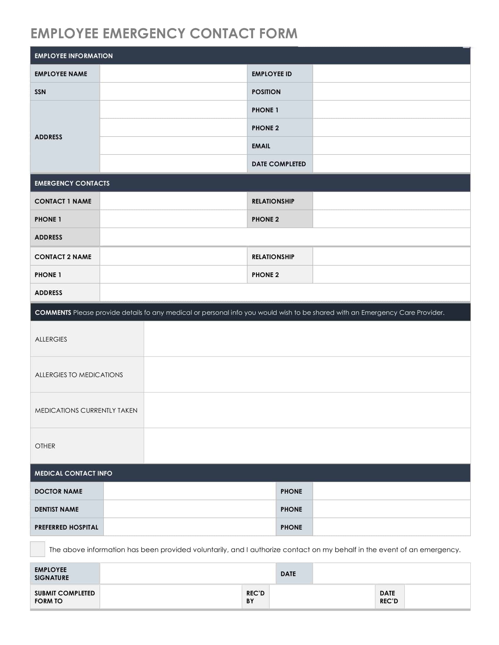 Free Printable Emergency Contact Form Templates for Employees PDF Word