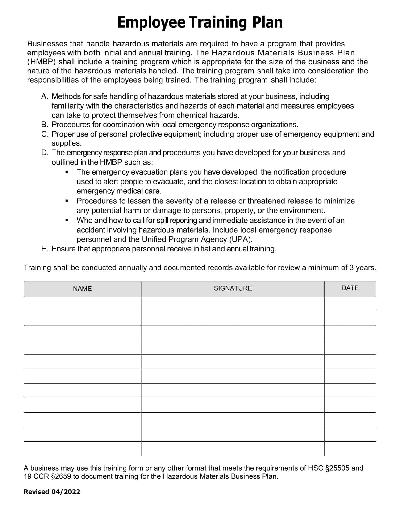 Free Printable Employee Training Plan Template PDF Word 