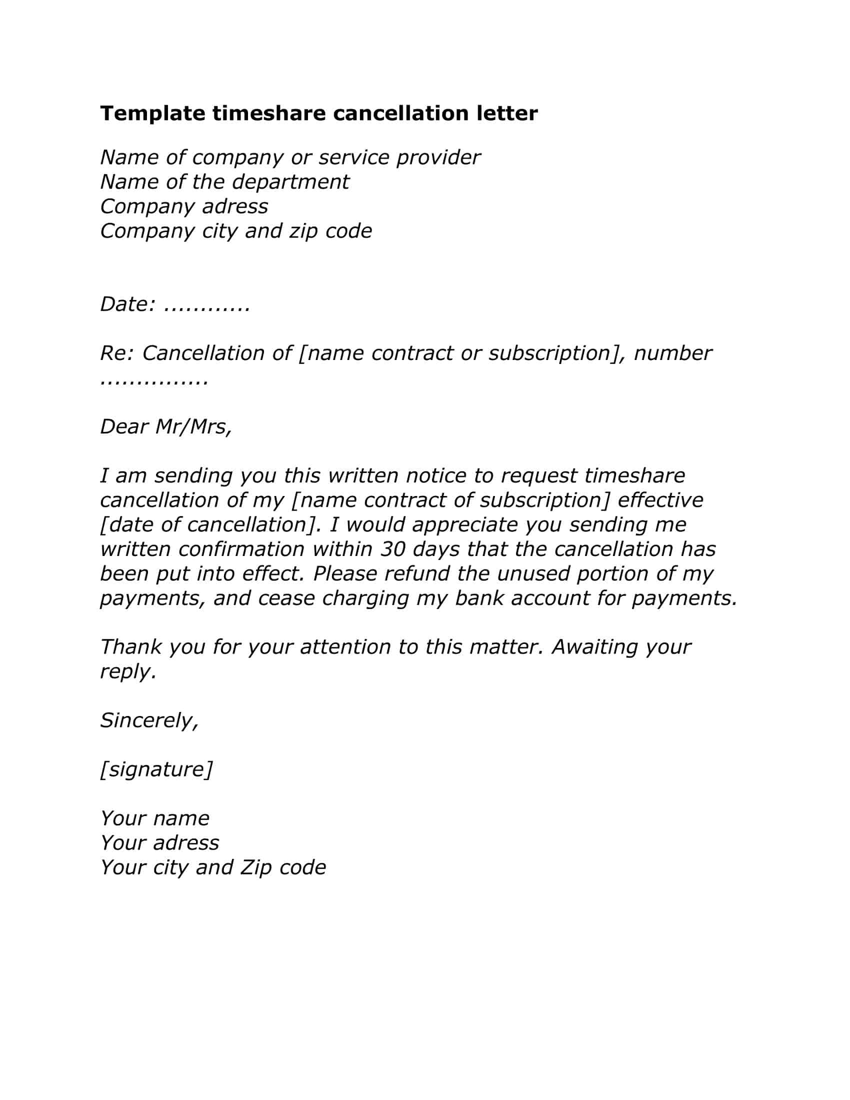 Free Printable Timeshare Cancellation Letter Templates PDF Word 