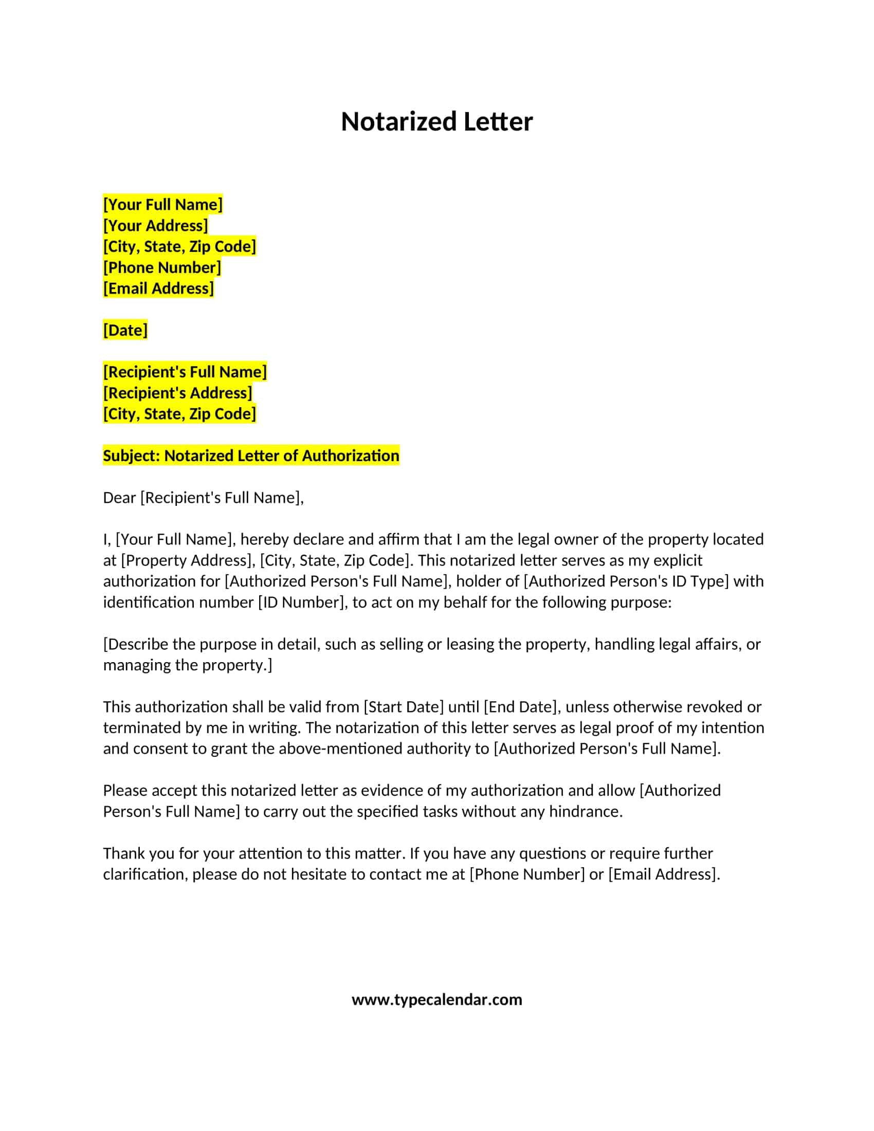 Free Printable Notarized Letter Templates Word PDF 