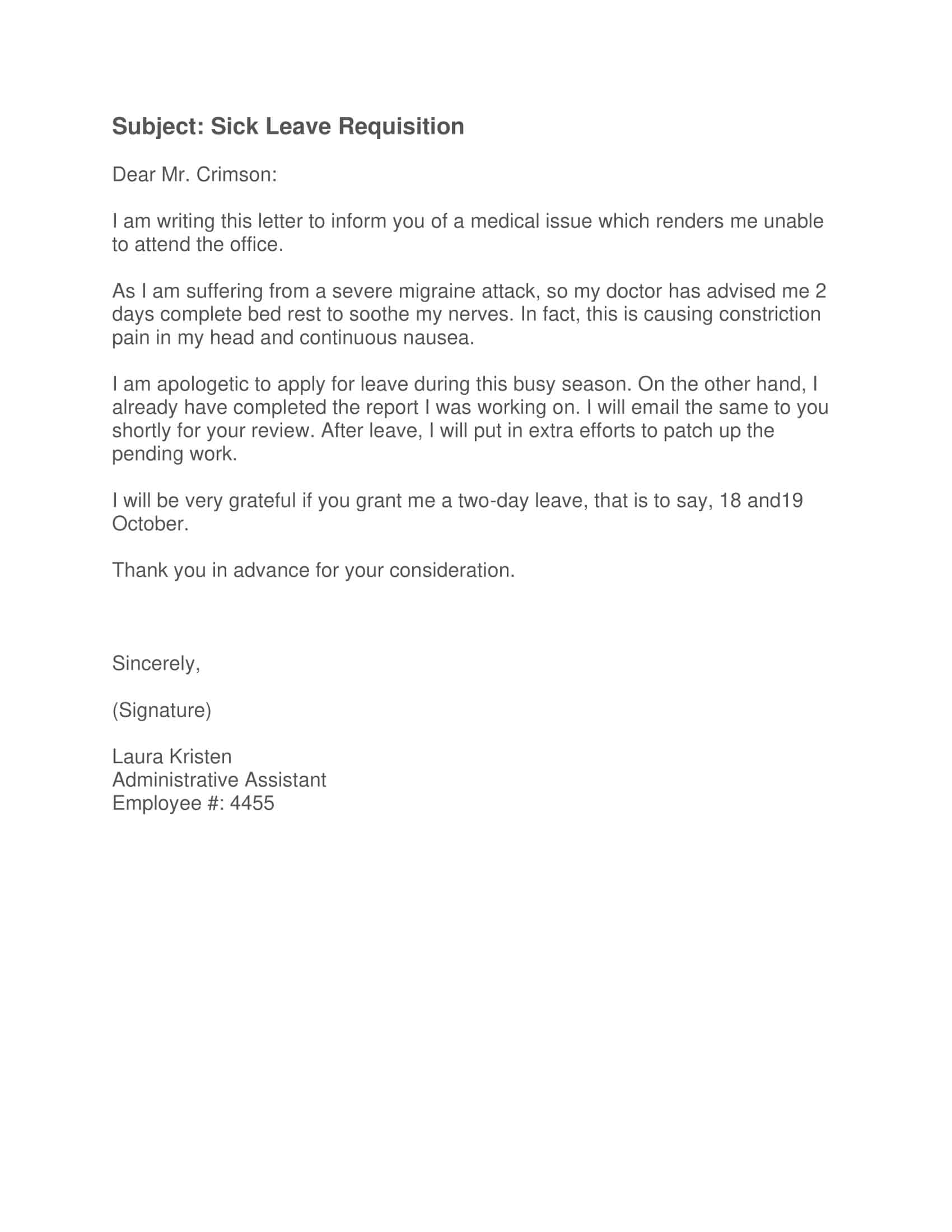 Free Printable Sick Leave Email Templates For Office One Day Example 