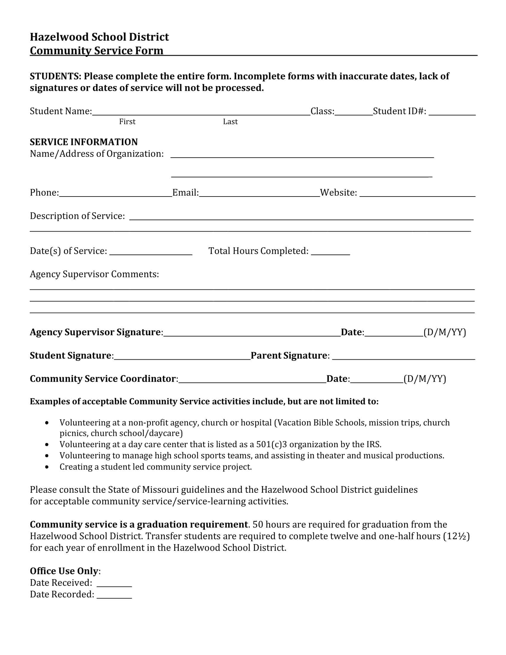 Free Printable Community Service Form Templates Word PDF Free Printable Community Service Form Templates Word PDF