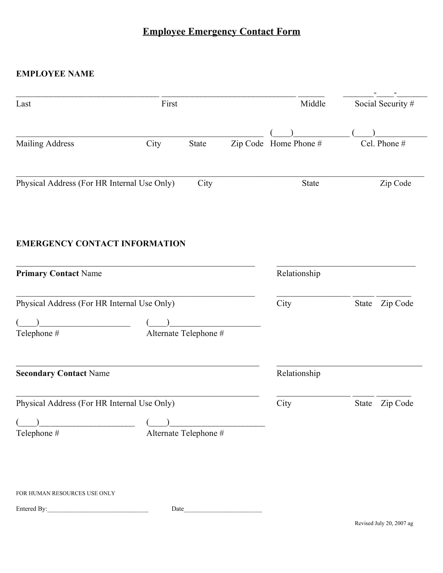 Free Printable Emergency Contact Form Templates for Employees PDF Word