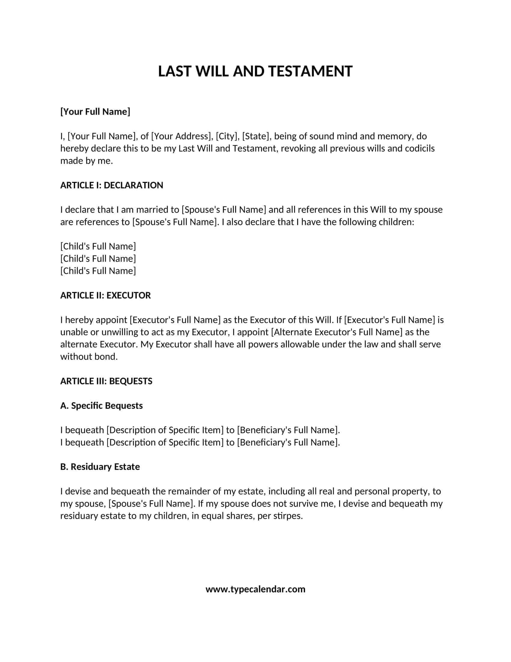 Free Printable Last Will And Testament Templates PDF Word 