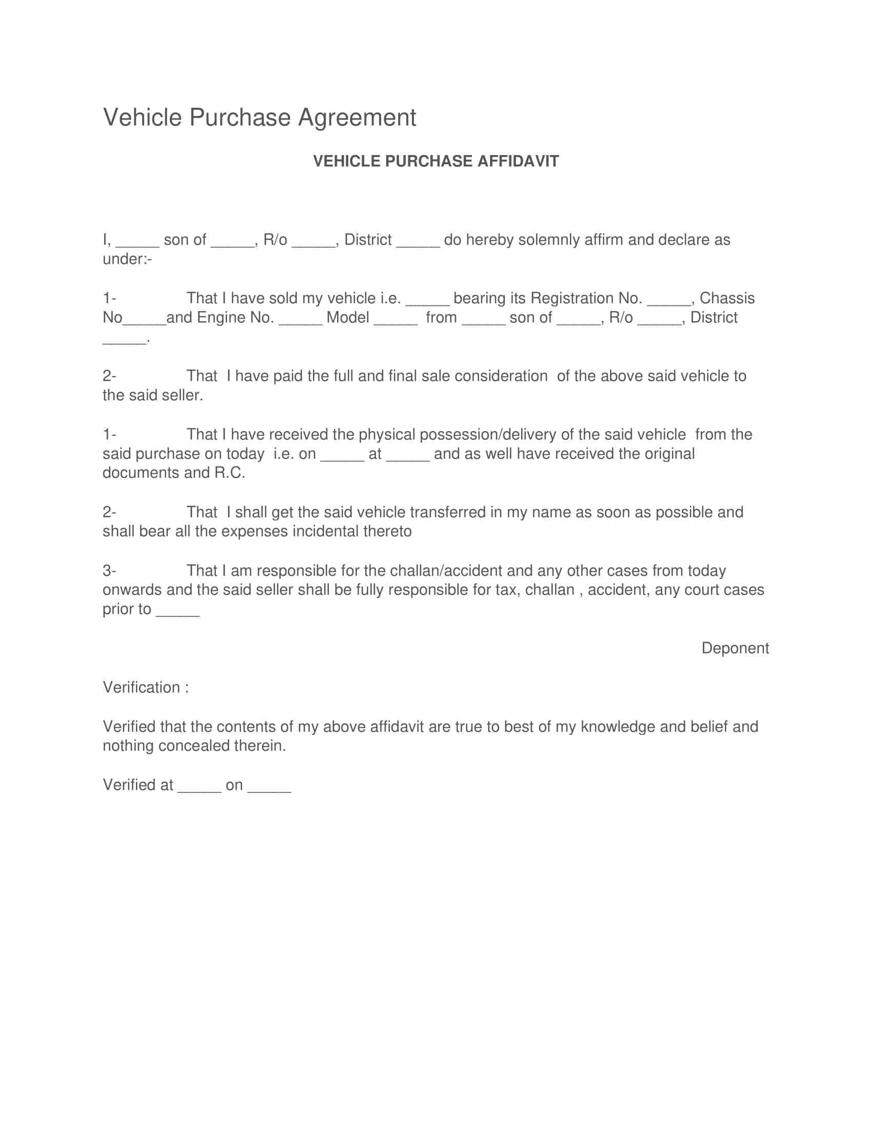 Free Printable Vehicle Purchase Agreement Templates PDF Word Free Printable Vehicle Purchase Agreement Templates PDF Word