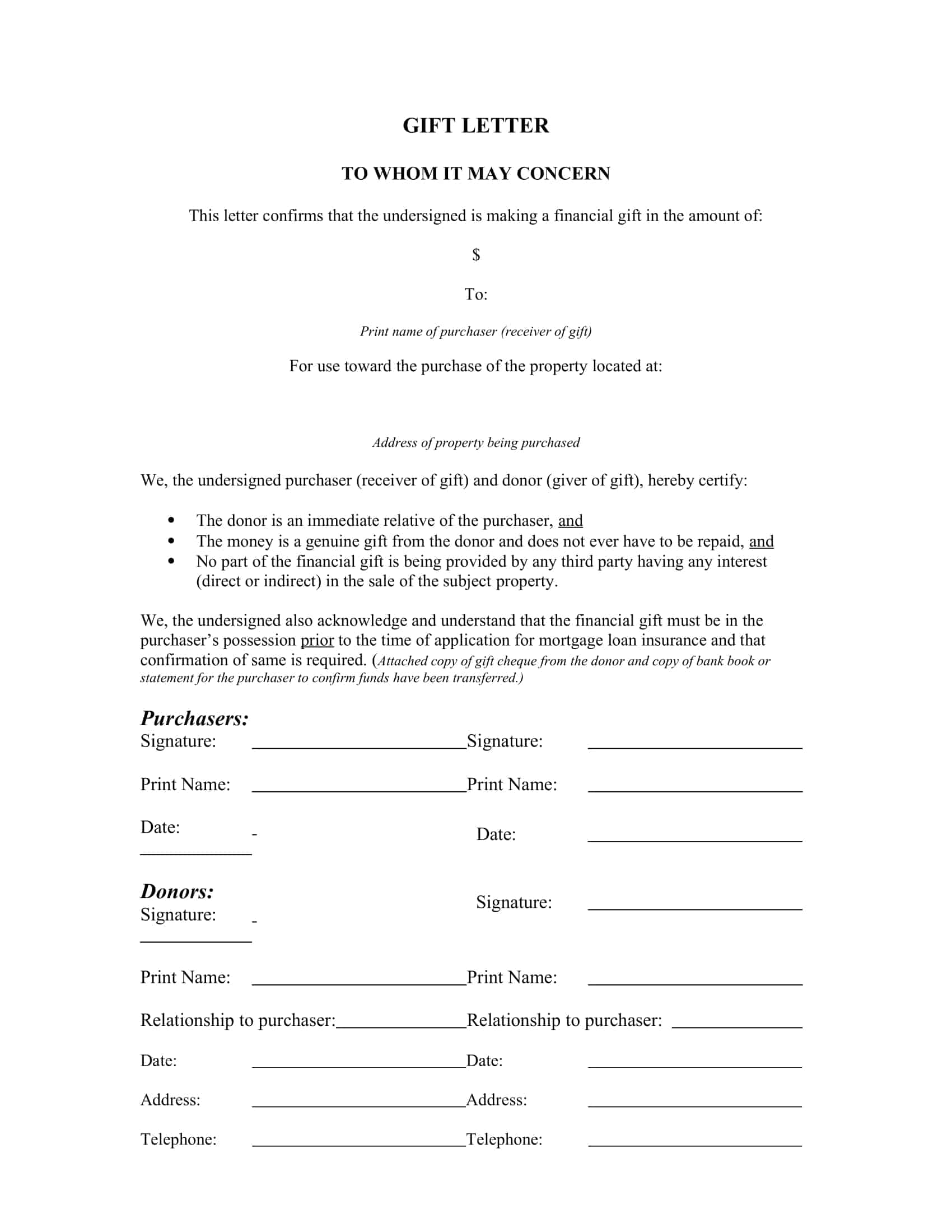 Free Printable Gift Letter Templates Car Boat Mortgage PDF Word 