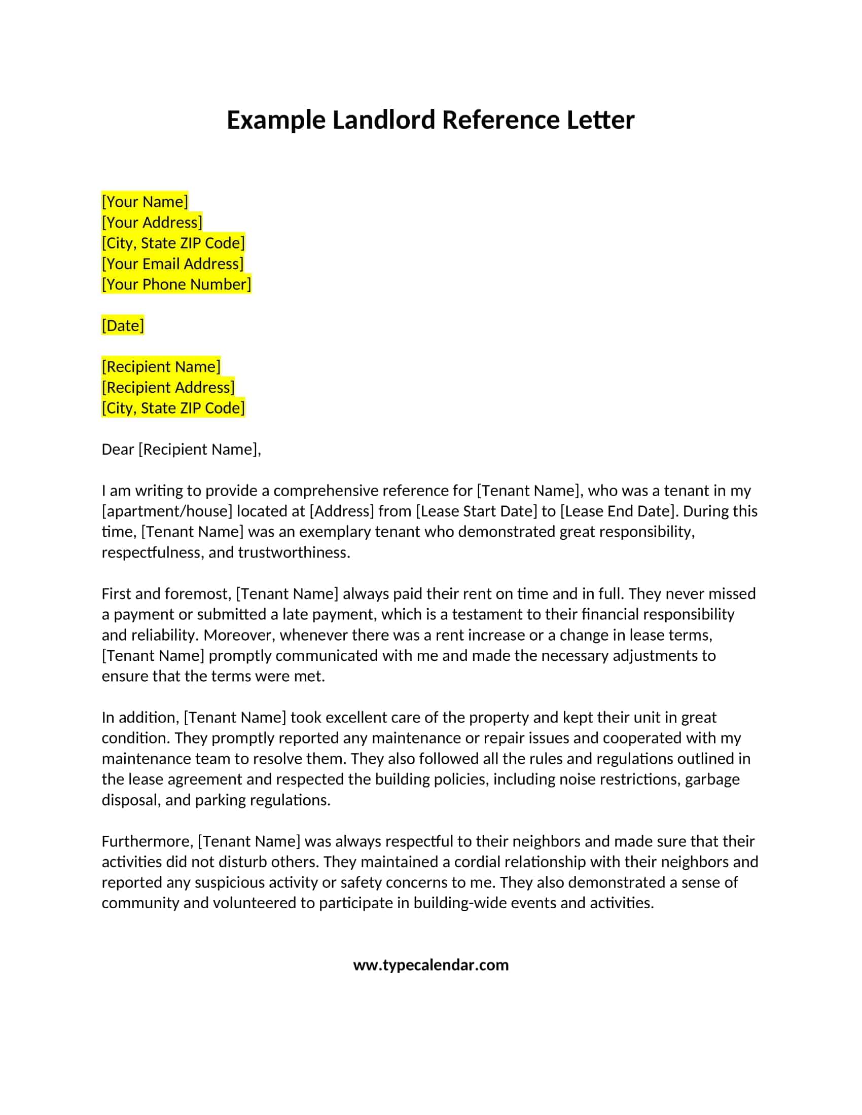 Free Printable Landlord Reference Letter Templates Word PDF 
