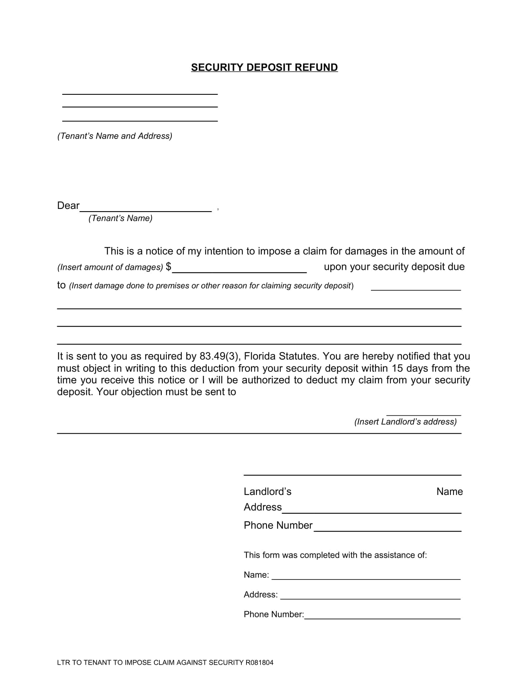 Free Printable Security Deposit Return Letter Templates Tenant