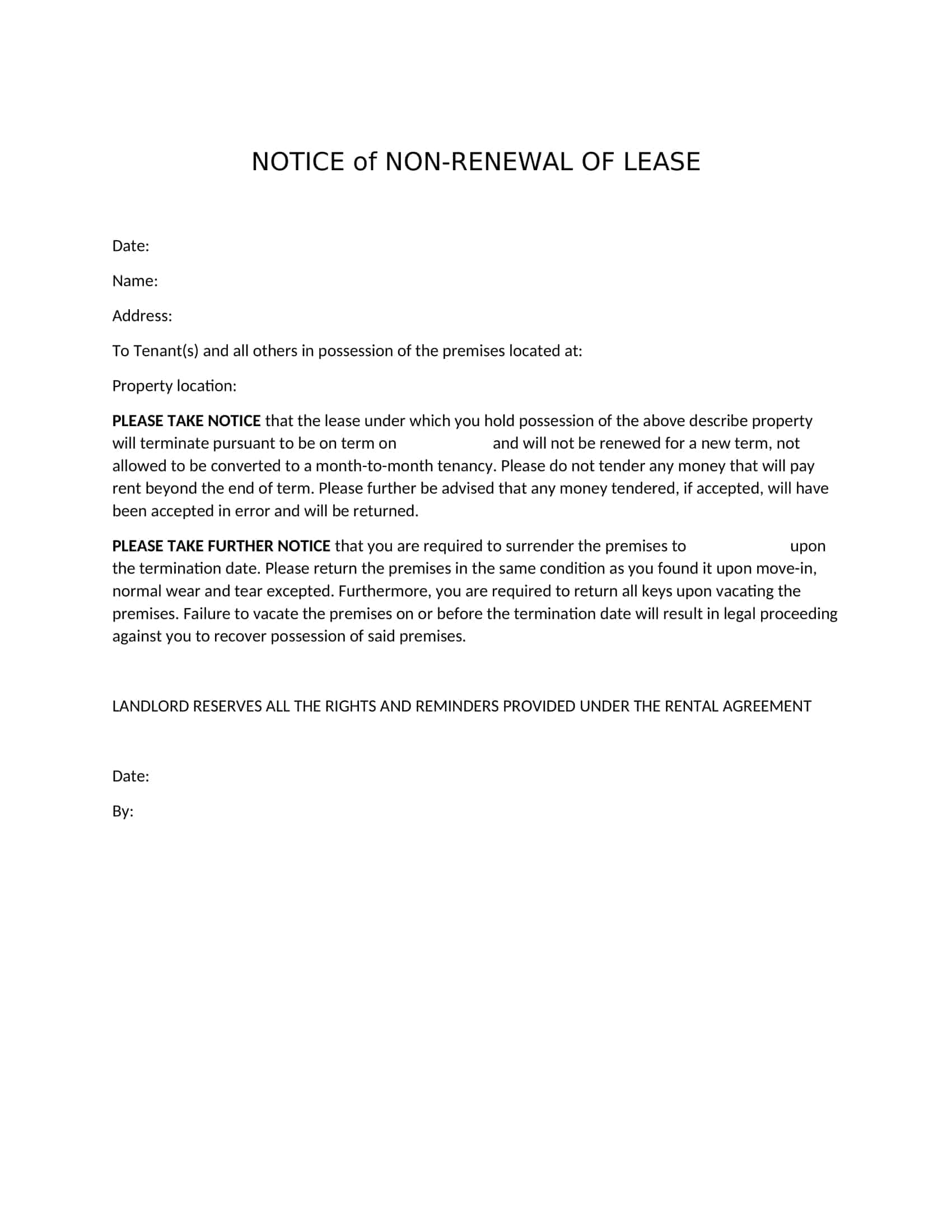 Free Printable Not Renewing Lease Letter Templates PDF Word Tenant