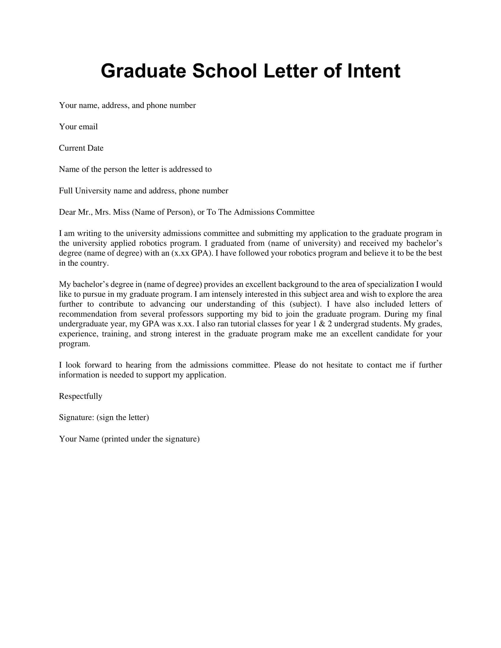 Free Printable Letter Of Intent For Graduate School Templates Word PDF Free Printable Letter Of Intent For Graduate School Templates Word PDF