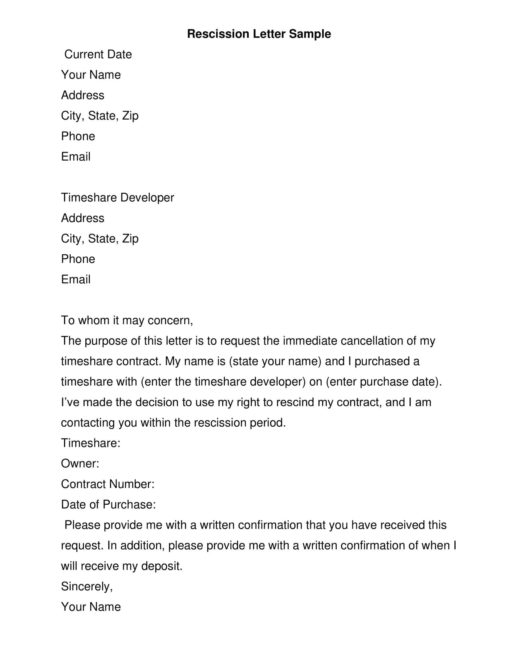 Free Printable Timeshare Cancellation Letter Template PDF Word 
