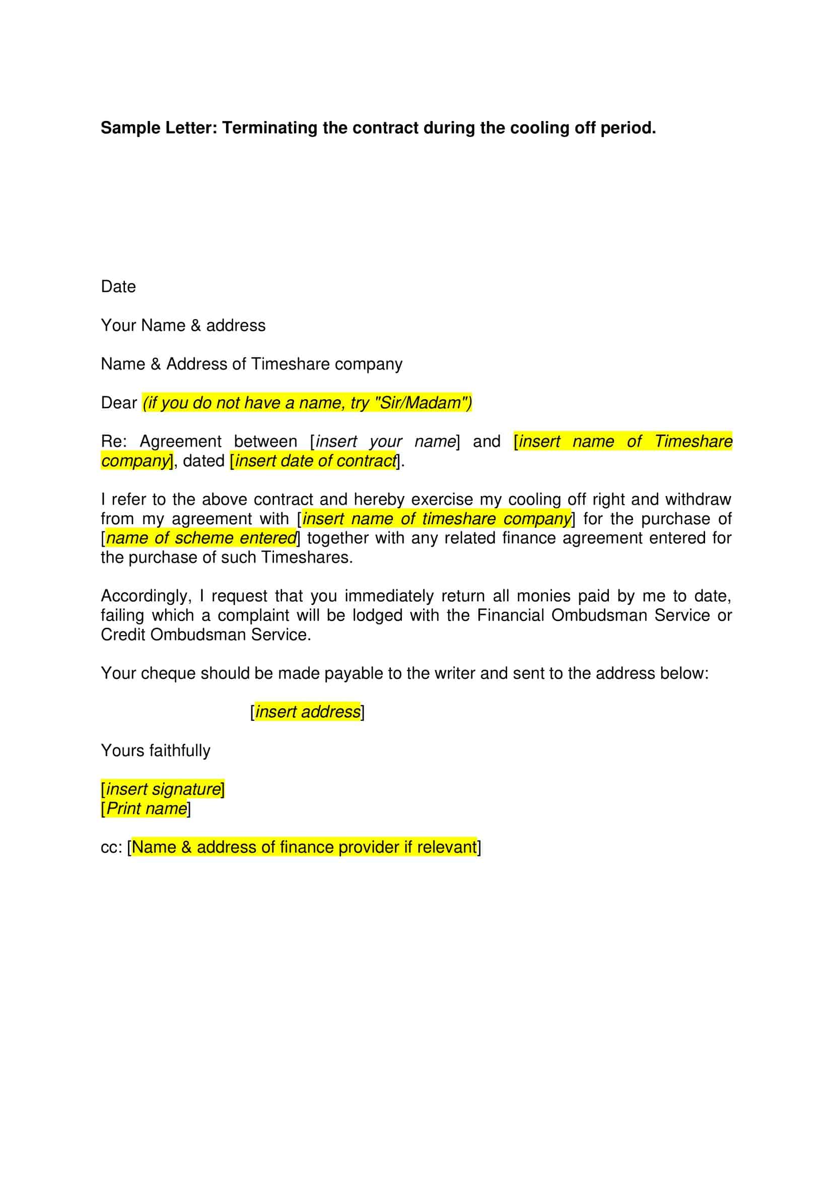 Free Printable Timeshare Cancellation Letter Template PDF Word 