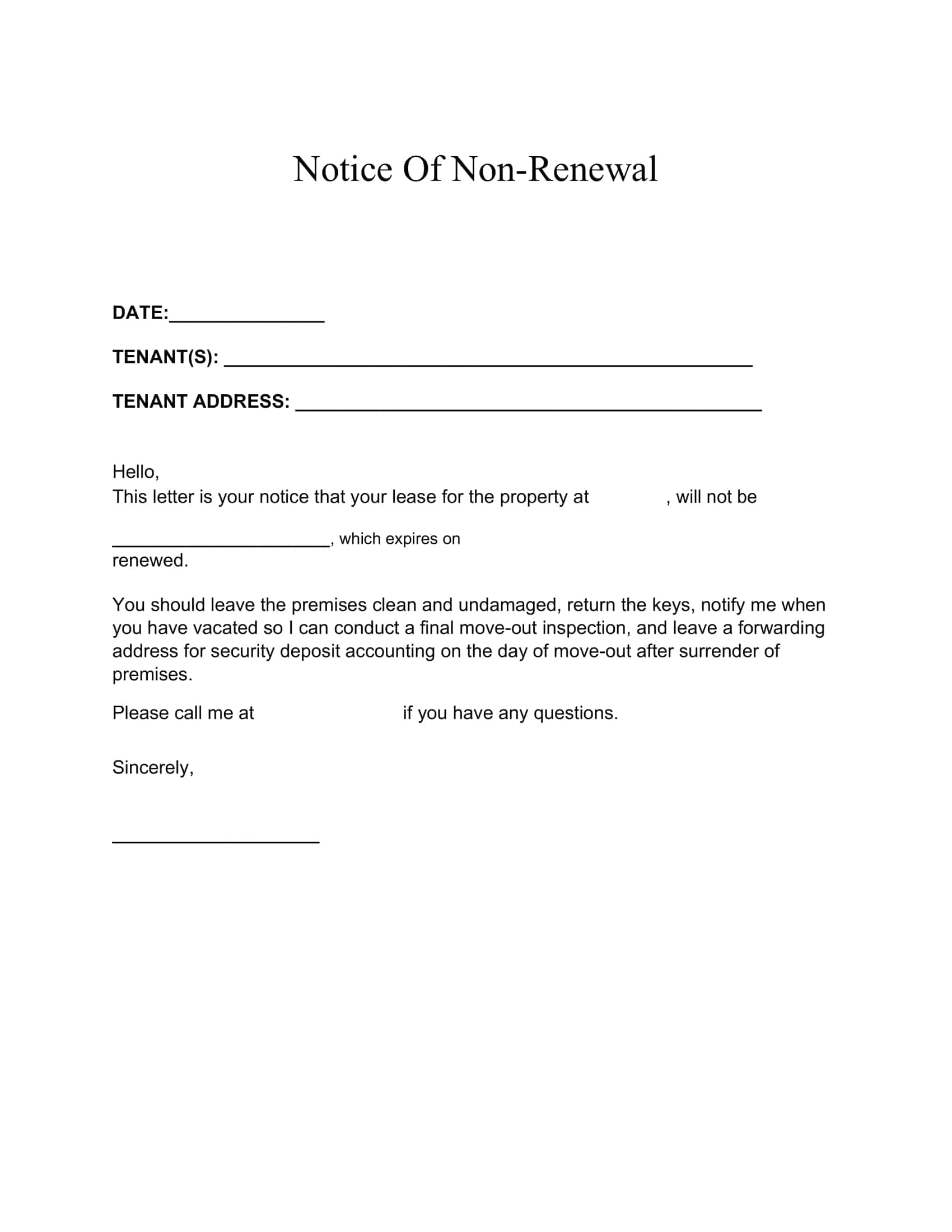Free Printable Not Renewing Lease Letter Templates PDF Word Tenant 