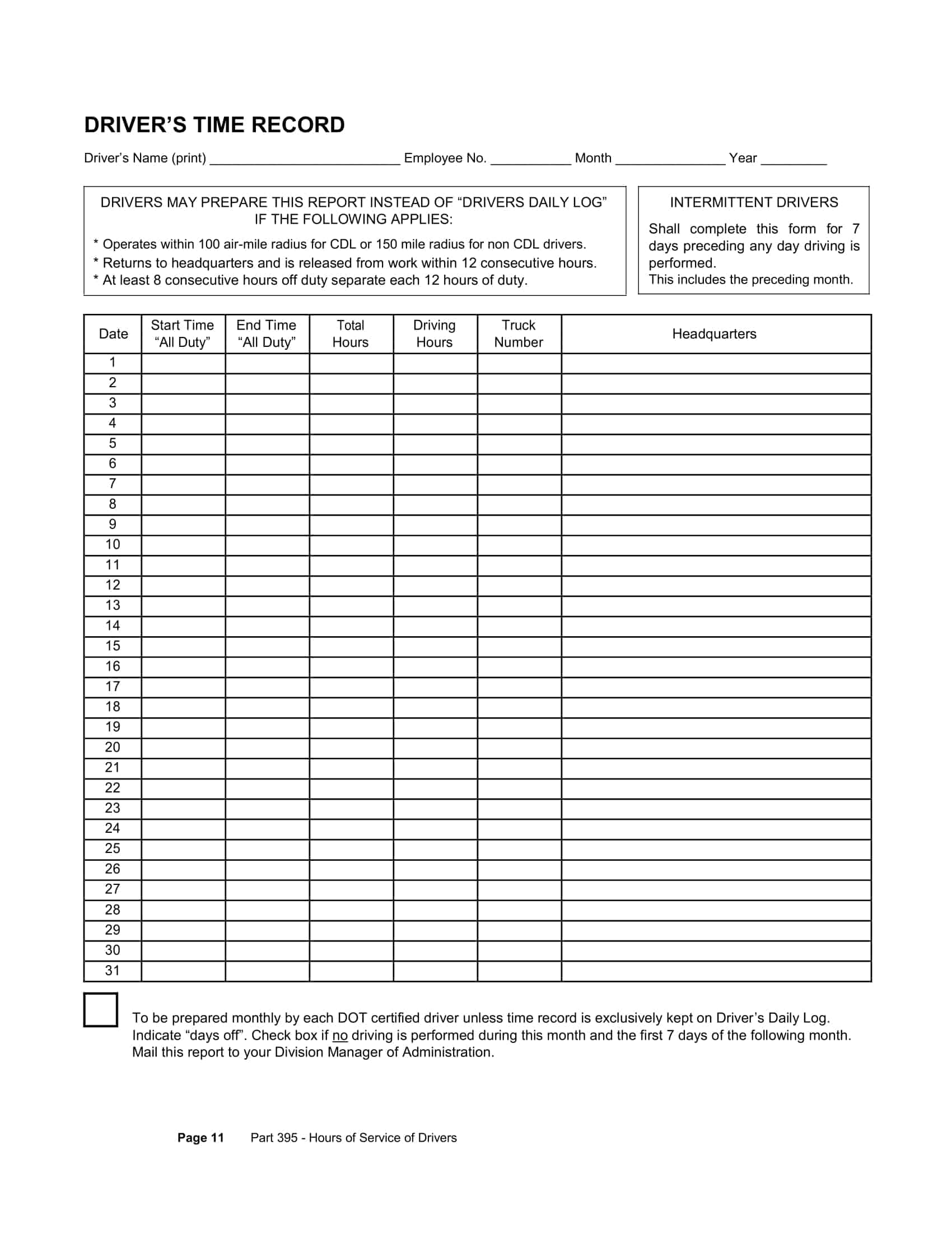 Free Printable Driver s Daily Log Book Templates Excel PDF Example