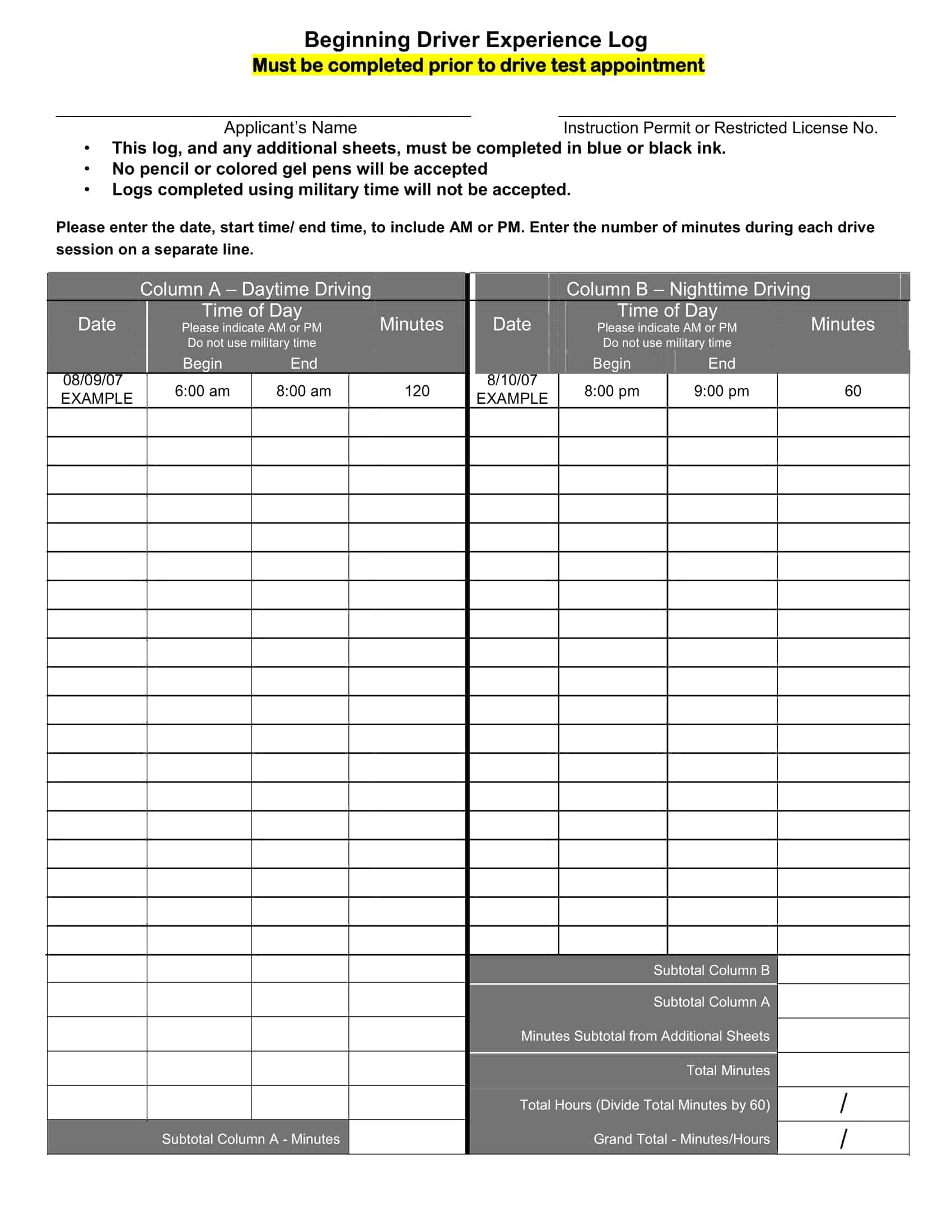Free Printable Driver s Daily Log Book Templates Excel PDF Example