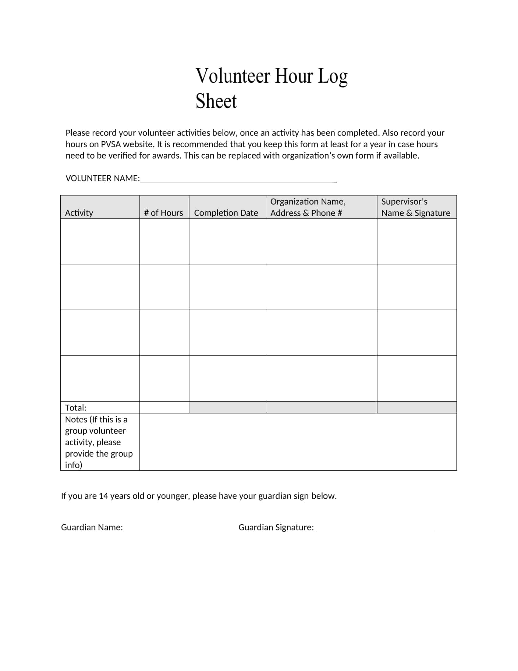 Free Printable Volunteer Hours Log Templates Excel PDF Form Sheet Free Printable Volunteer Hours Log Templates Excel PDF Form Sheet