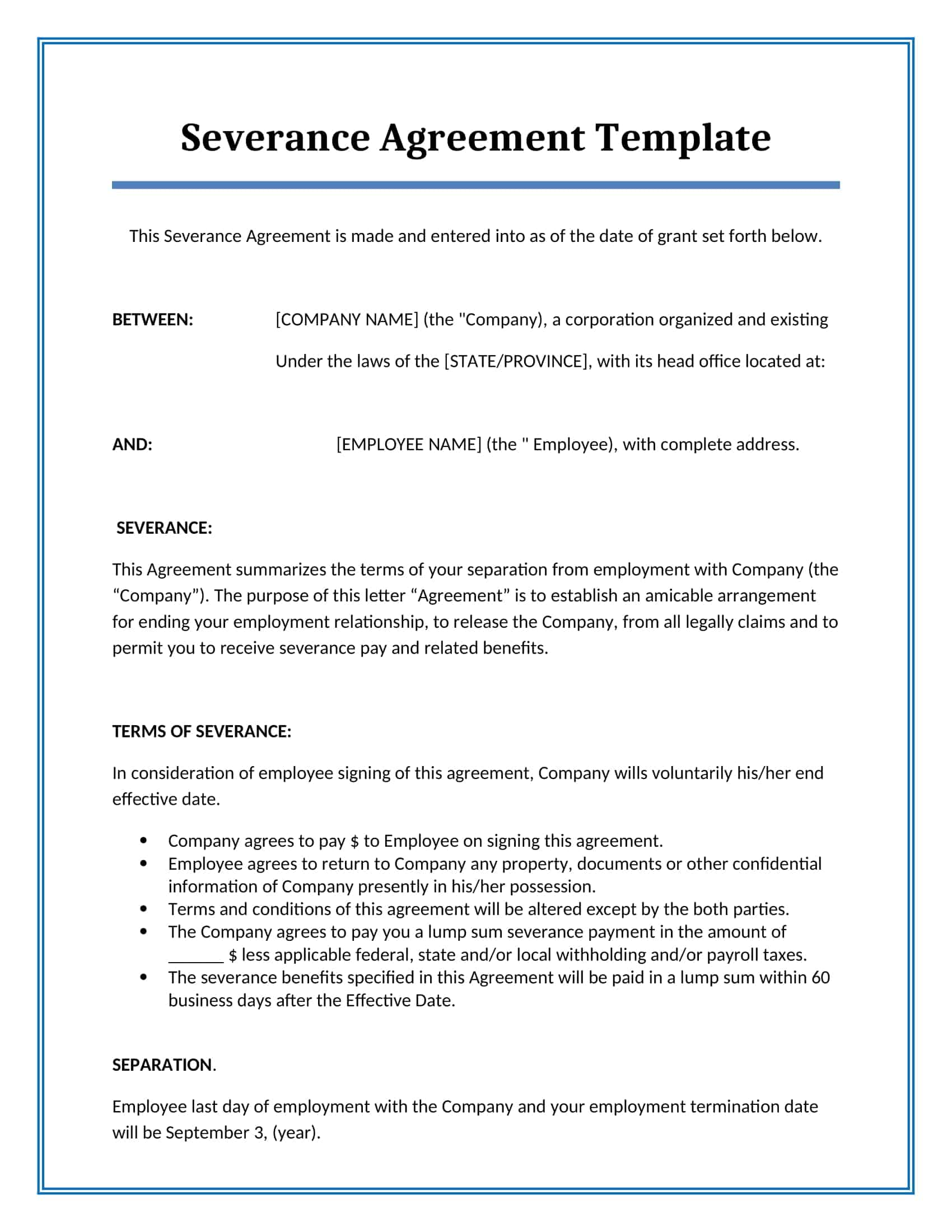 Free Printable Severance Agreement Template Protect Your Employment 