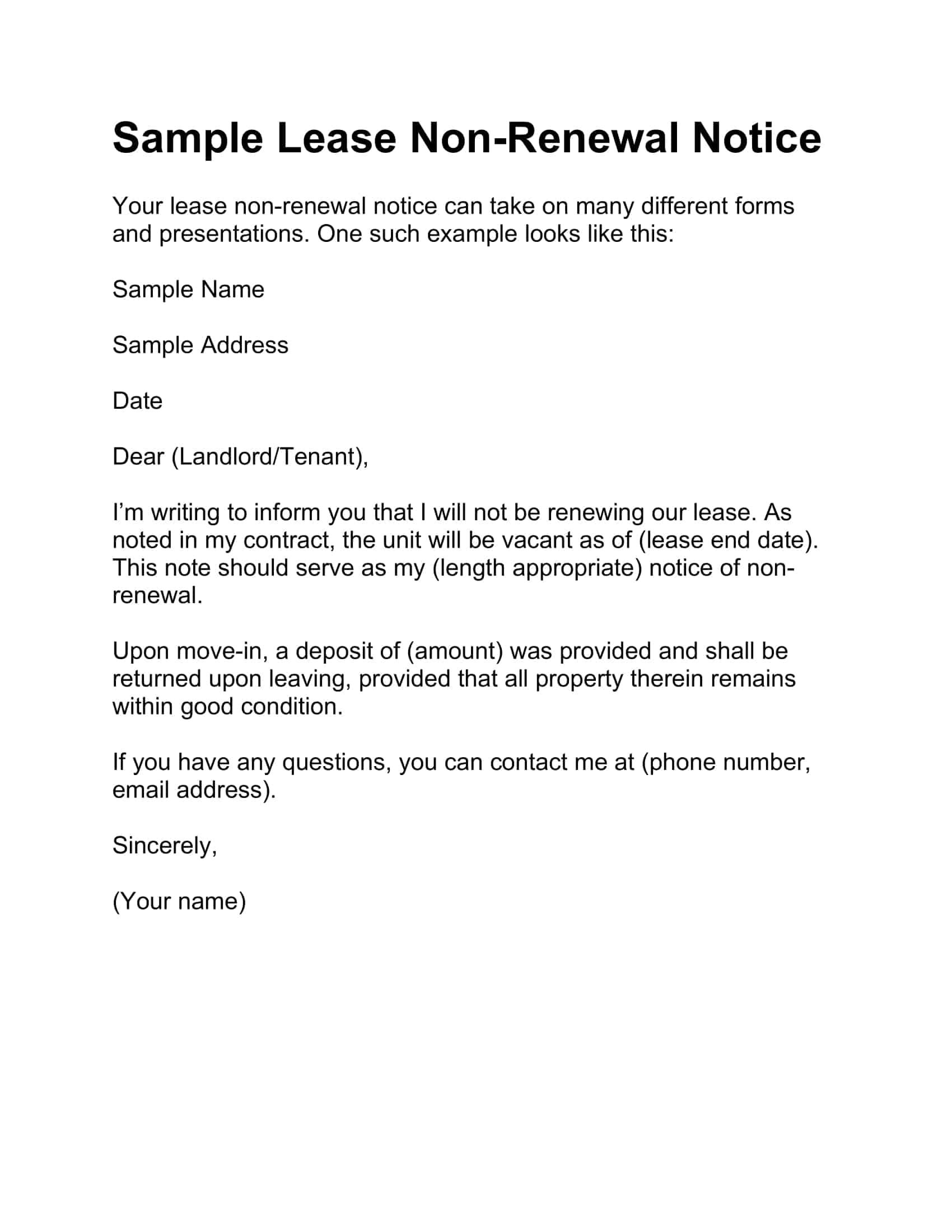 Free Printable Not Renewing Lease Letter Templates PDF Word Tenant