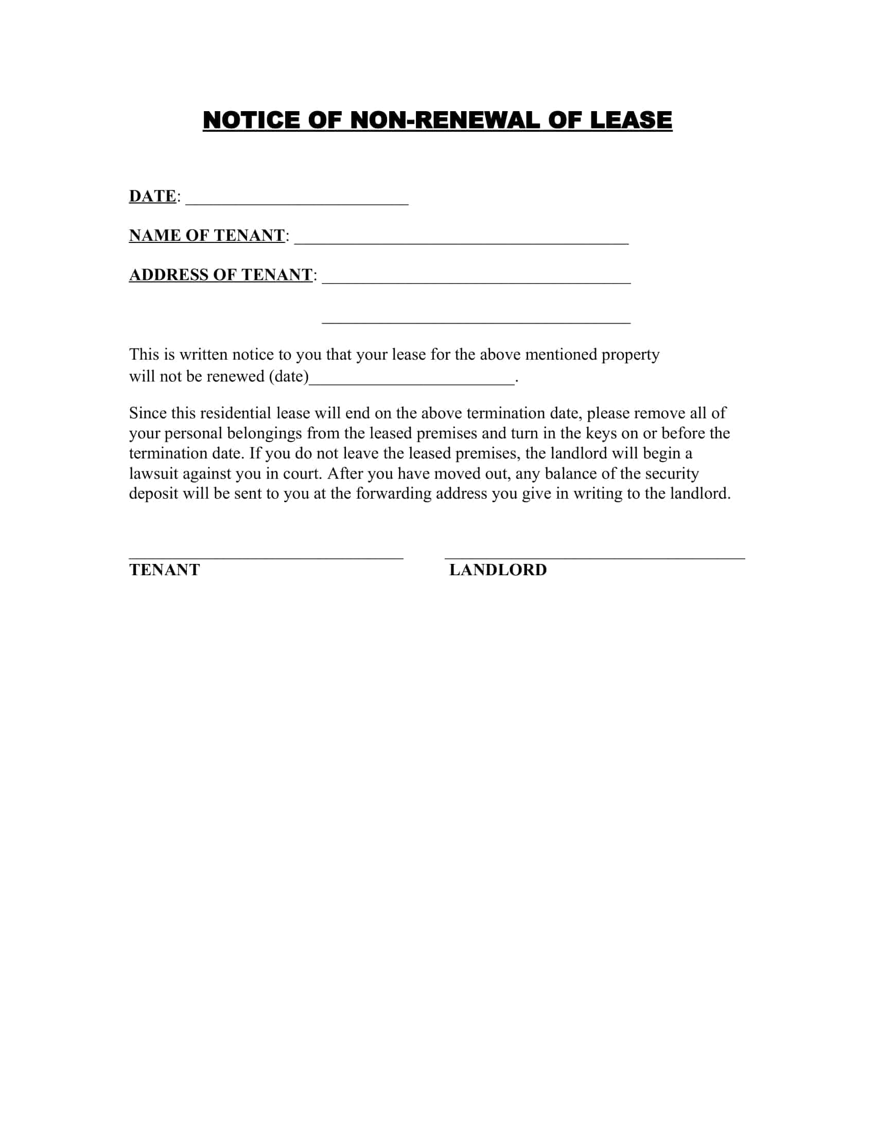 Free Printable Not Renewing Lease Letter Templates PDF Word Tenant