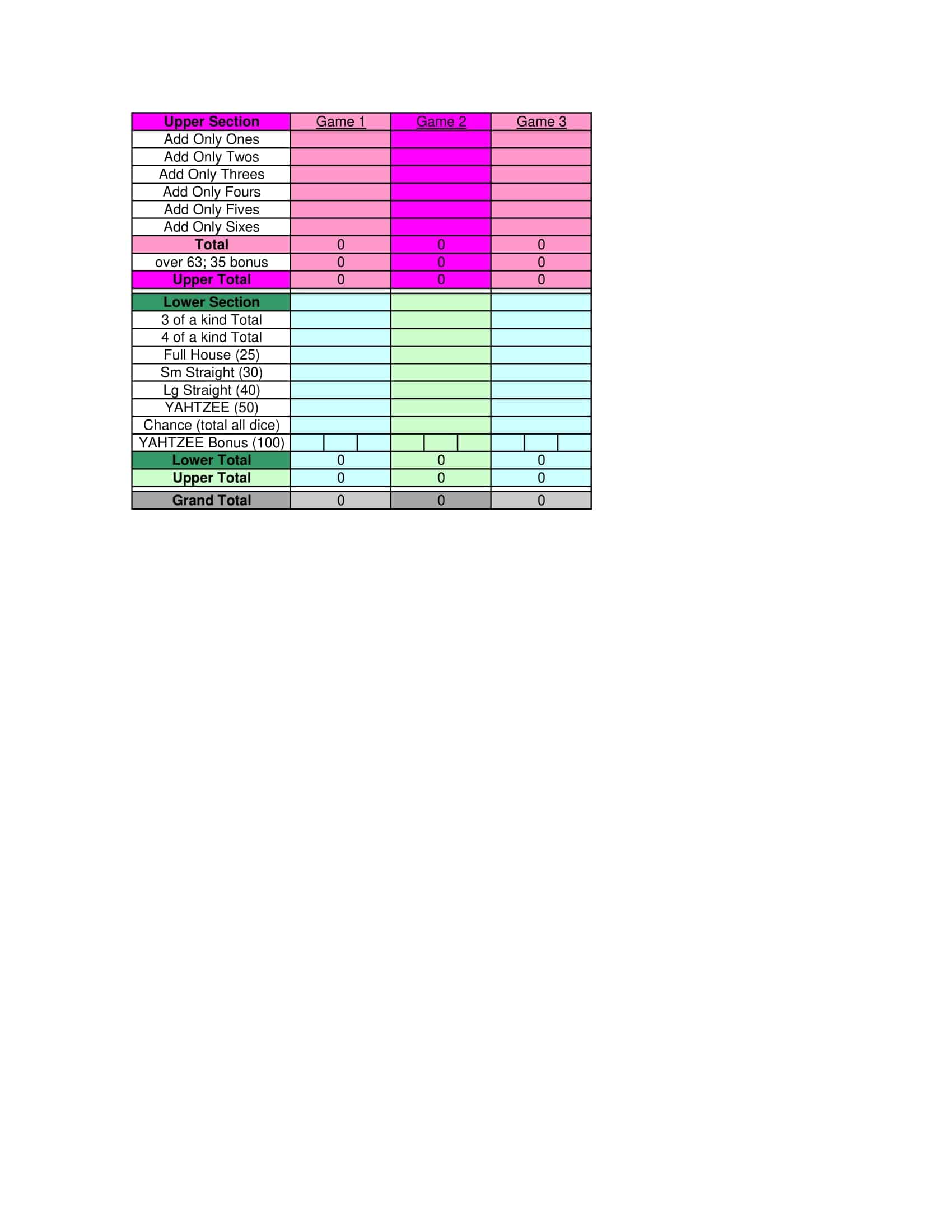 Free Printable Yahtzee Score Sheet Template [PDF, Excel] Triple / Junior