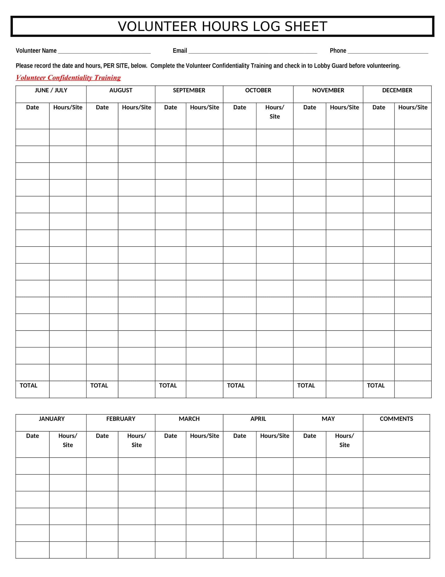 Free Printable Volunteer Hours Log Templates Excel PDF Form Sheet