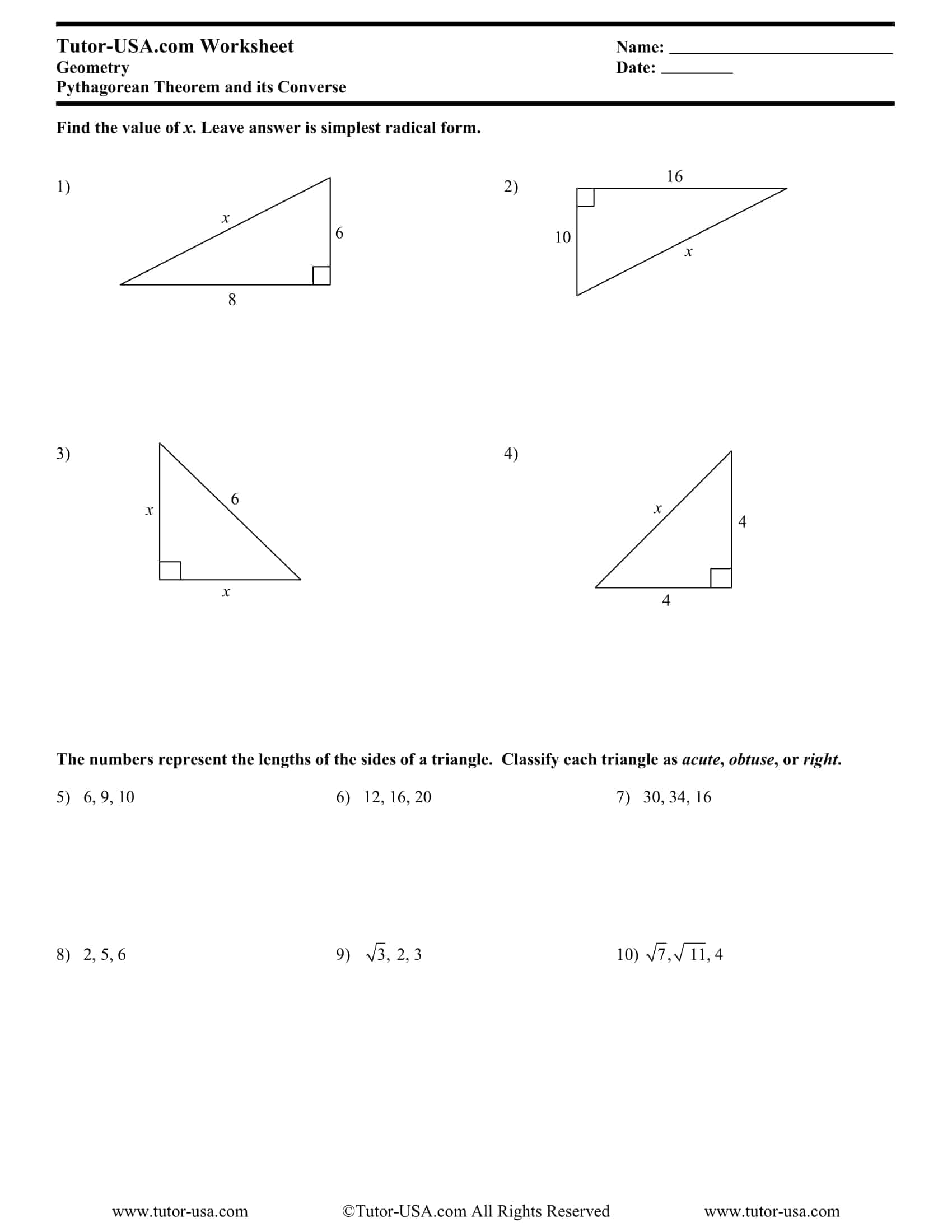 Free Printable Pythagorean Theorem Worksheet [PDF] Answers, Word Problems