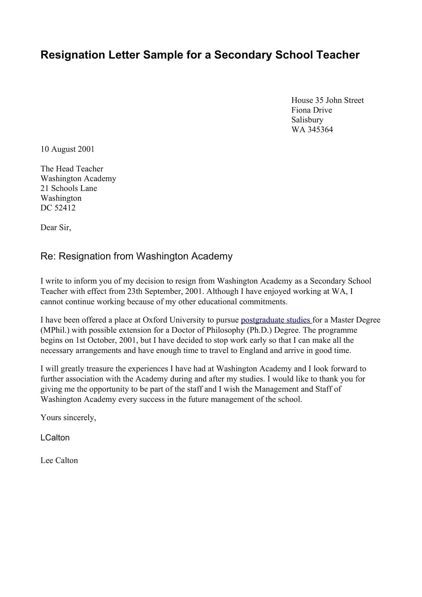Free Printable Teacher Resignation Letter Templates PDF Word 