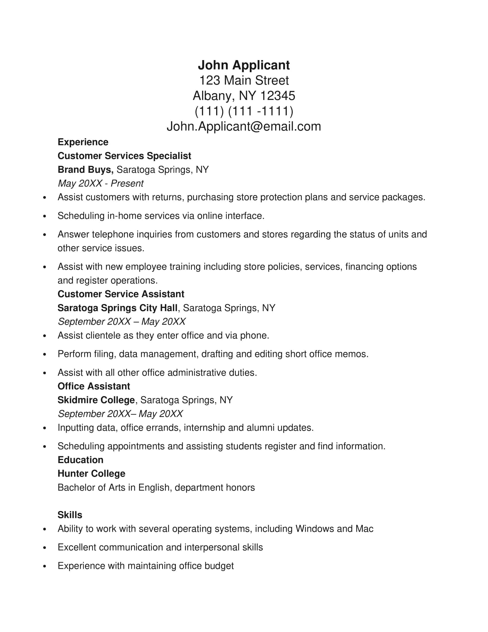 Free Printable Customer Service Resume Templates PDF Word Examples