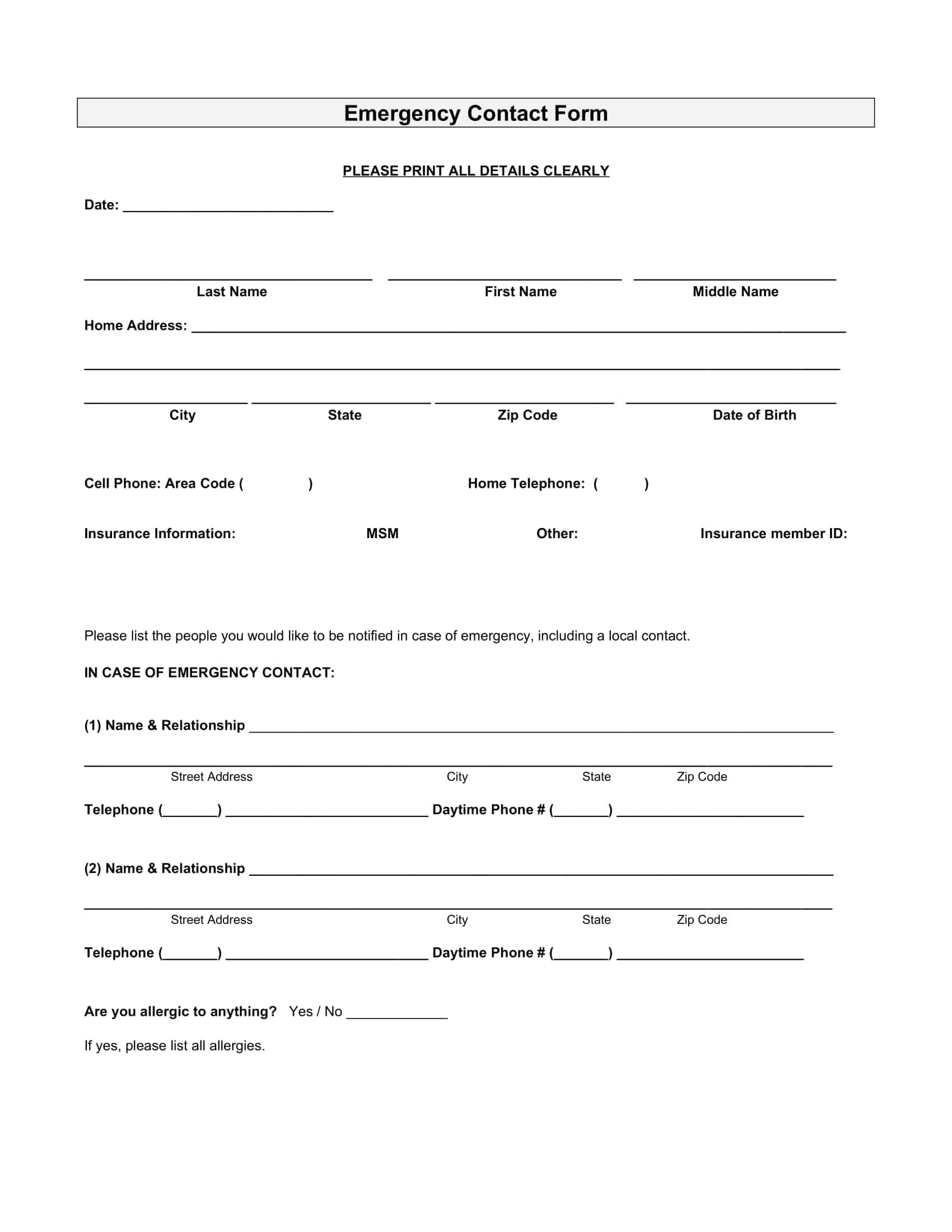 Free Printable Emergency Contact Form Templates for Employees PDF Word Free Printable Emergency Contact Form Templates for Employees PDF Word