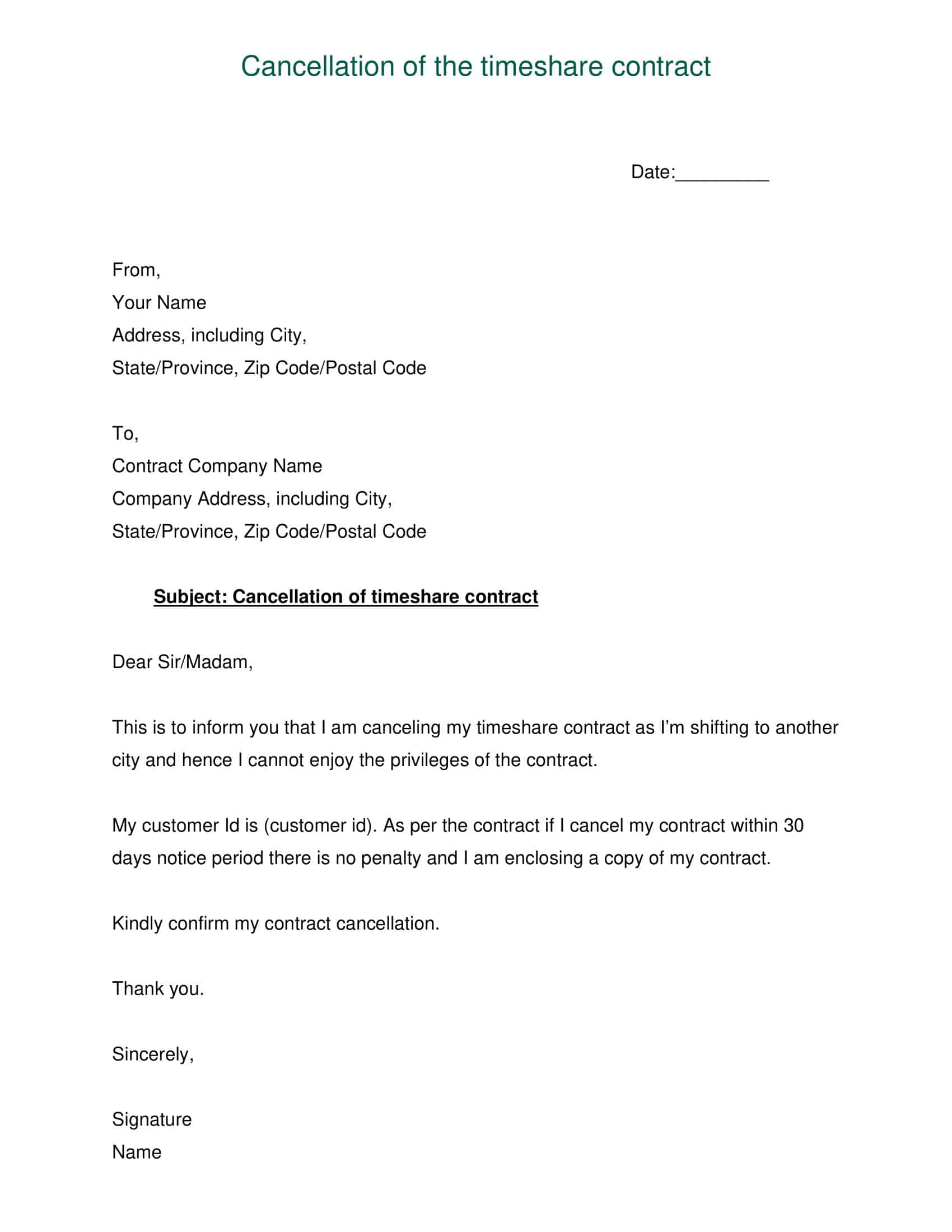Free Printable Timeshare Cancellation Letter Template PDF Word 