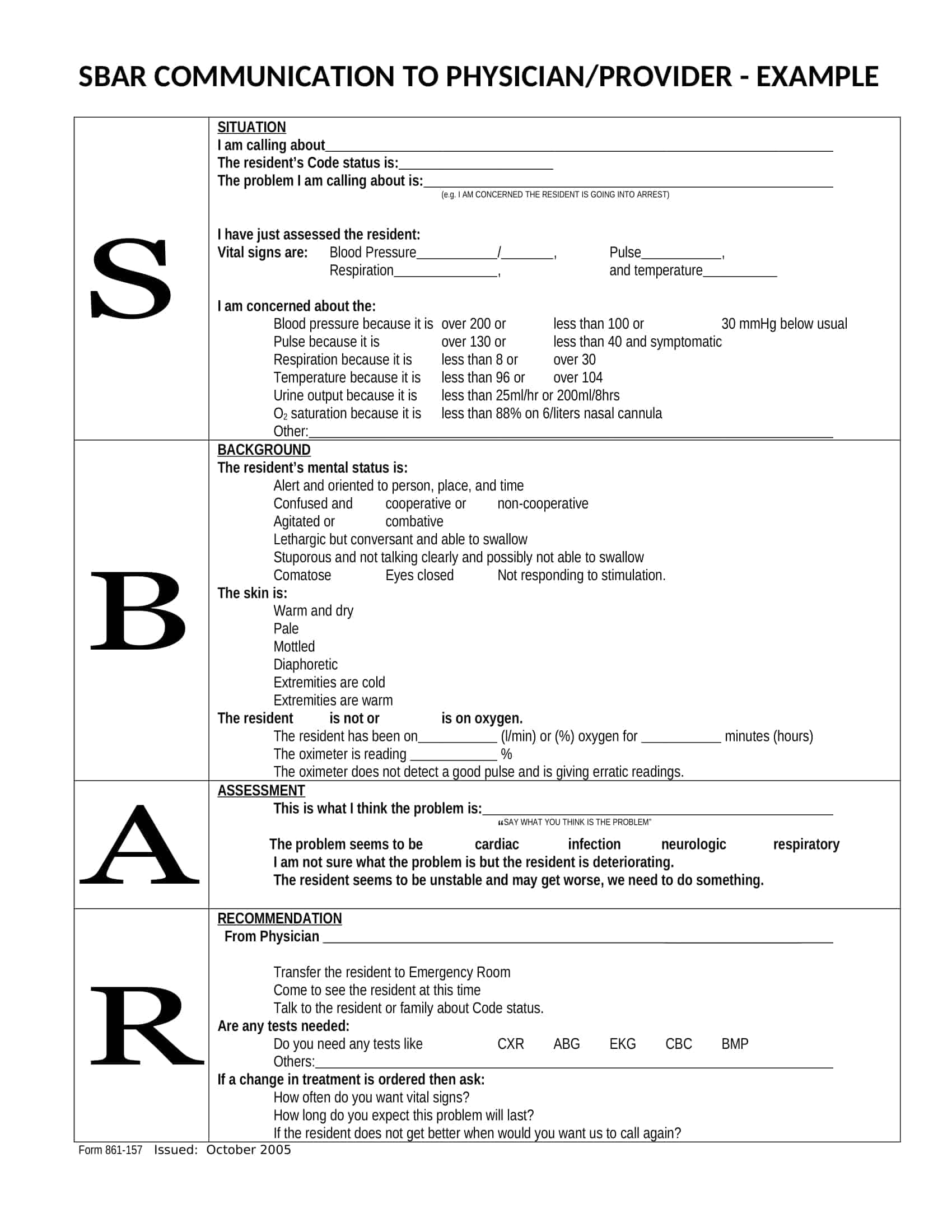 Free Printable SBAR Template For Nursing Business Blank Example