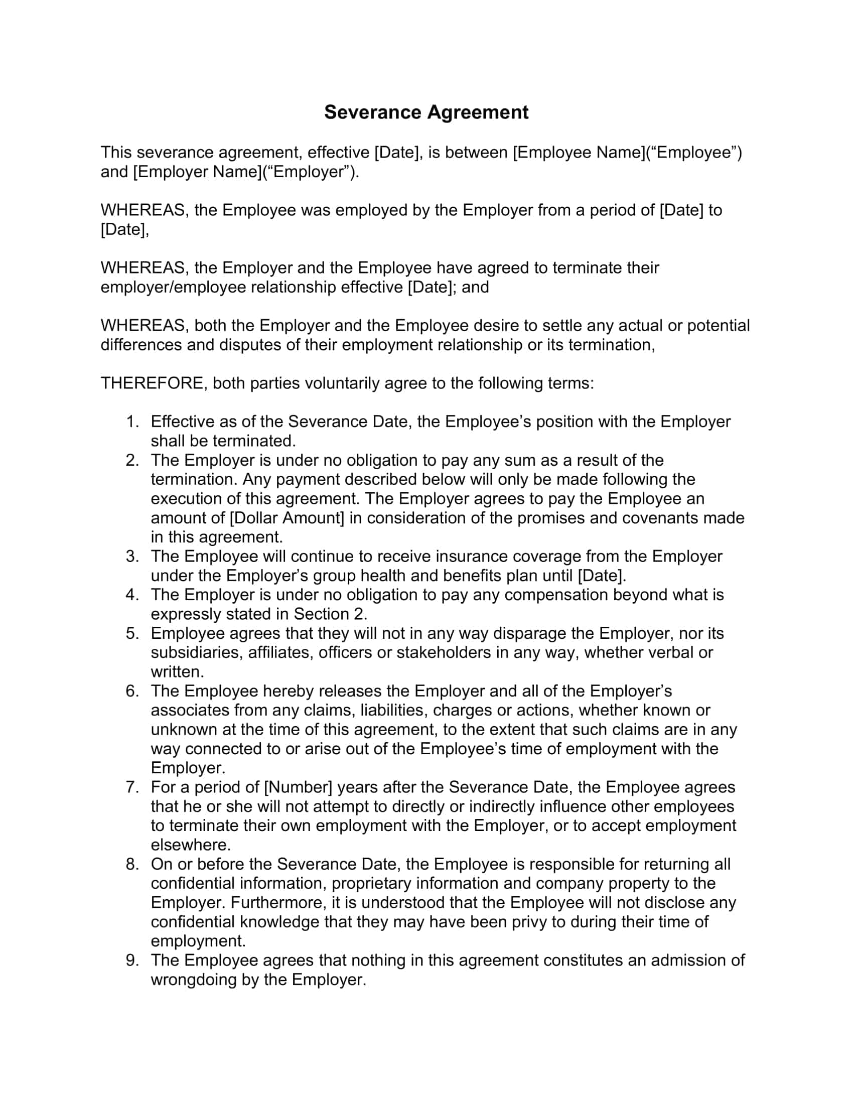 Free Printable Severance Agreement Template Protect Your Employment 
