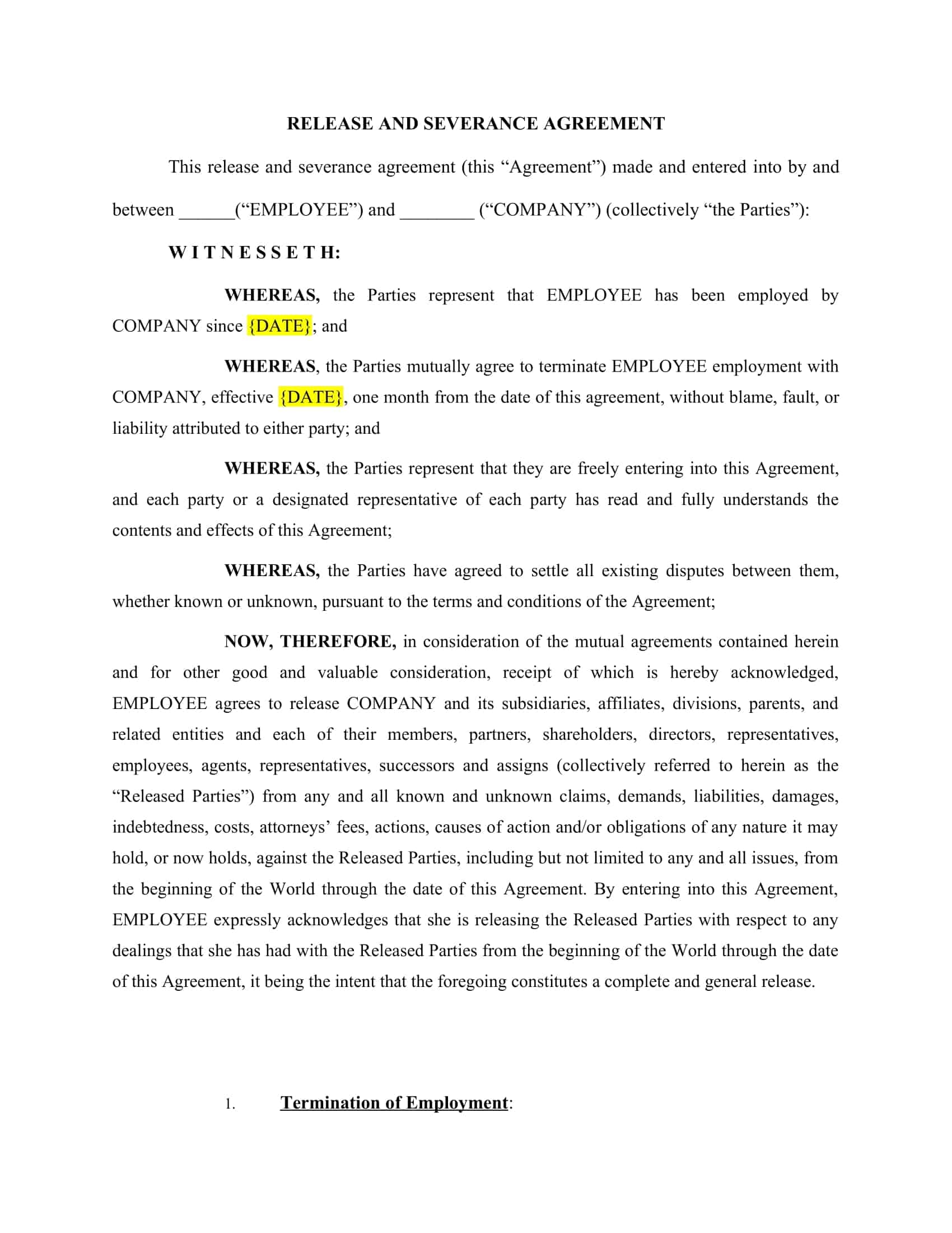 Free Printable Severance Agreement Template Protect Your Employment 