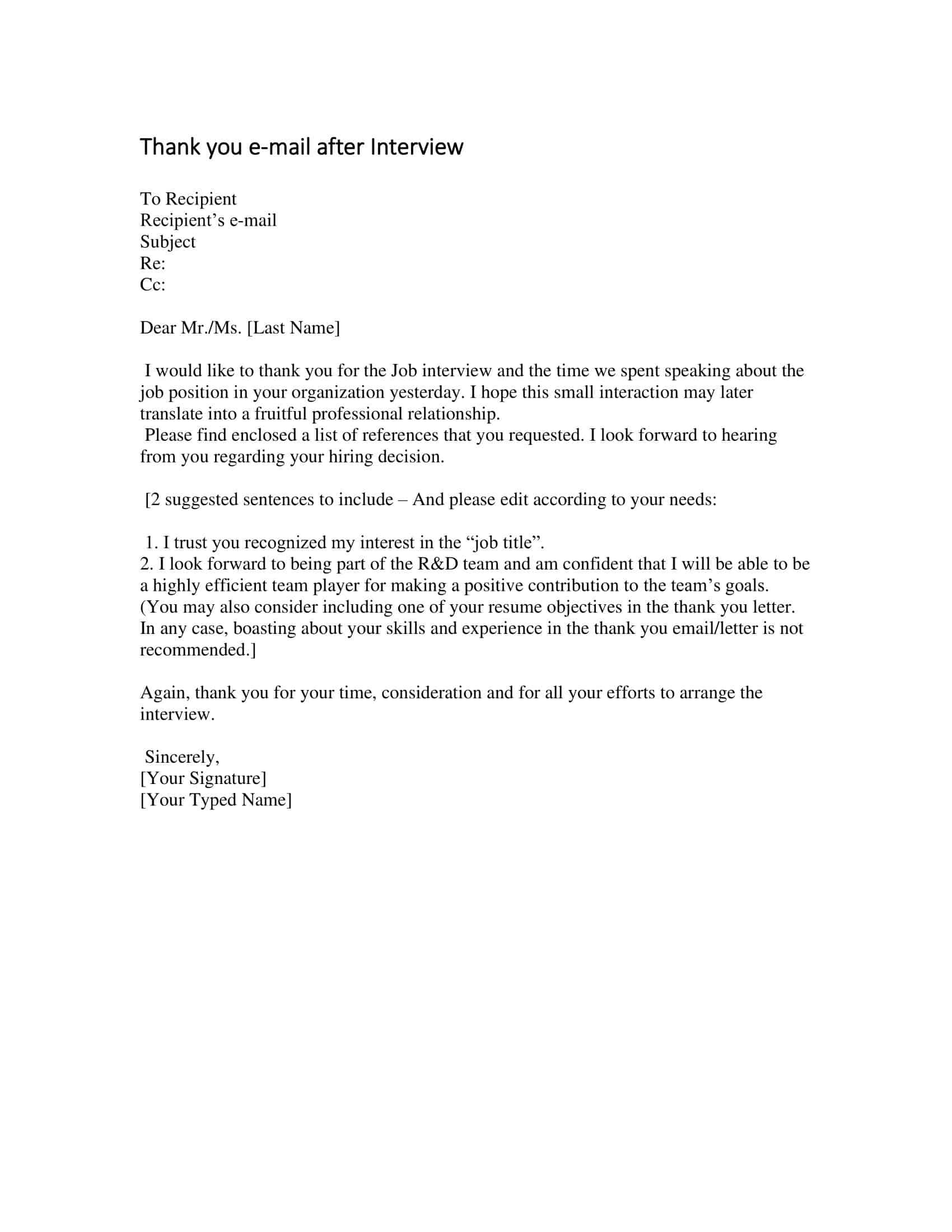 Free Printable Thank You Email After Interview Examples Subject Line