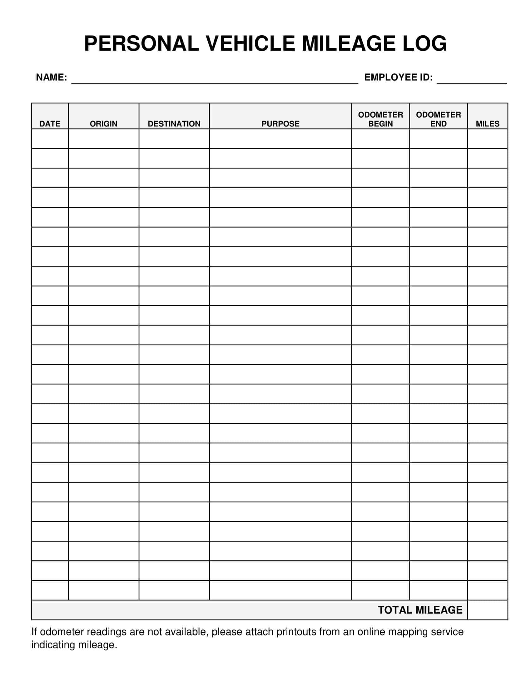 Free Printable Mileage Log Templates PDF Excel 