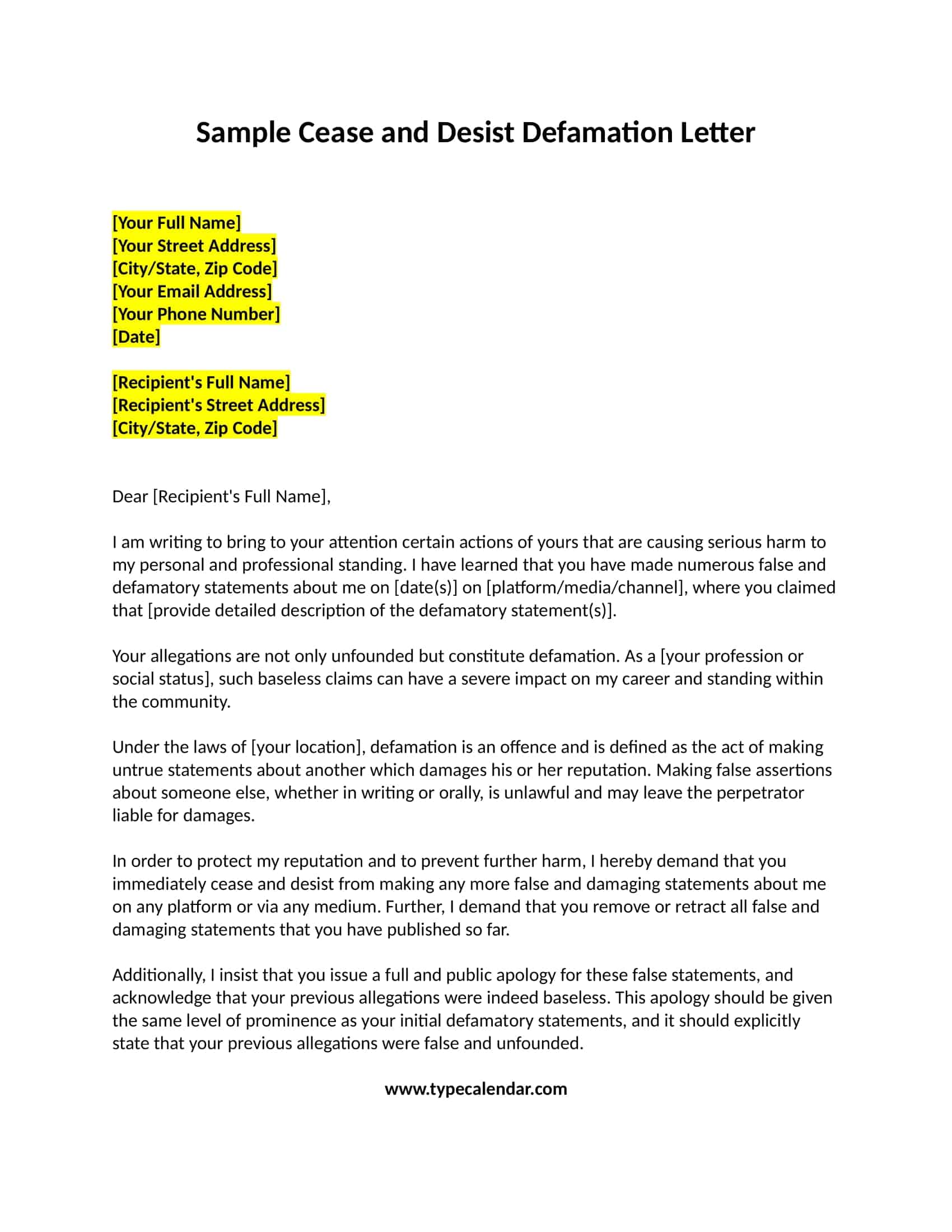 Defamation Of Character Cease And Desist Letter Template Prntbl Defamation Of Character Cease And Desist Letter Template Prntbl