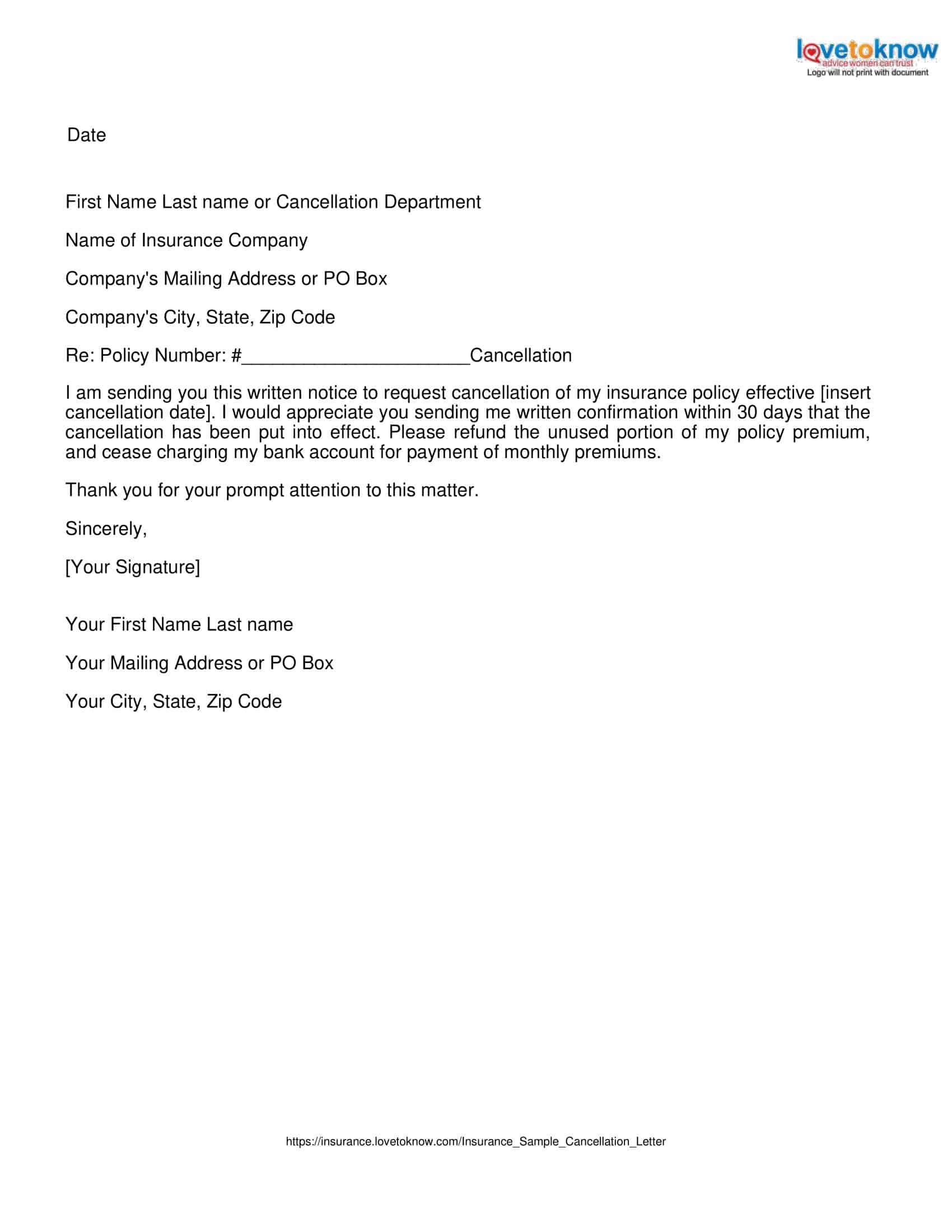 Free Printable Insurance Cancellation Letter Templates PDF Word Free Printable Insurance Cancellation Letter Templates PDF Word