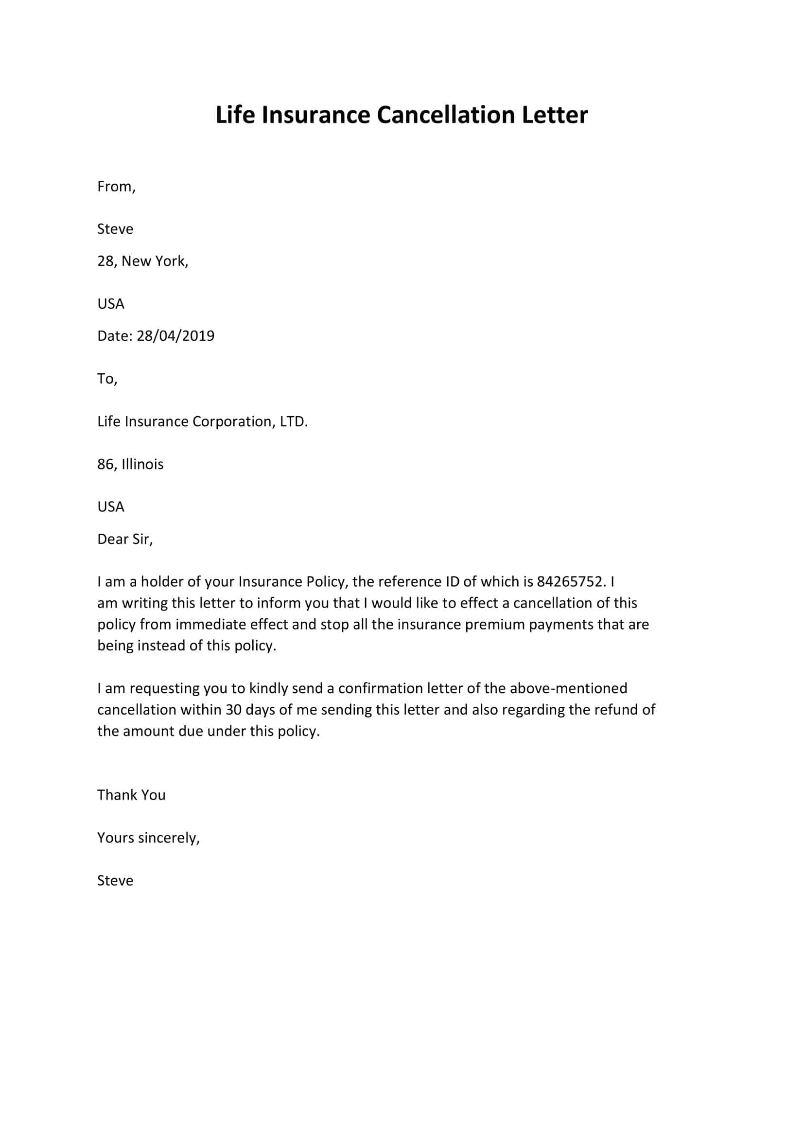 Free Printable Insurance Cancellation Letter Templates PDF Word 