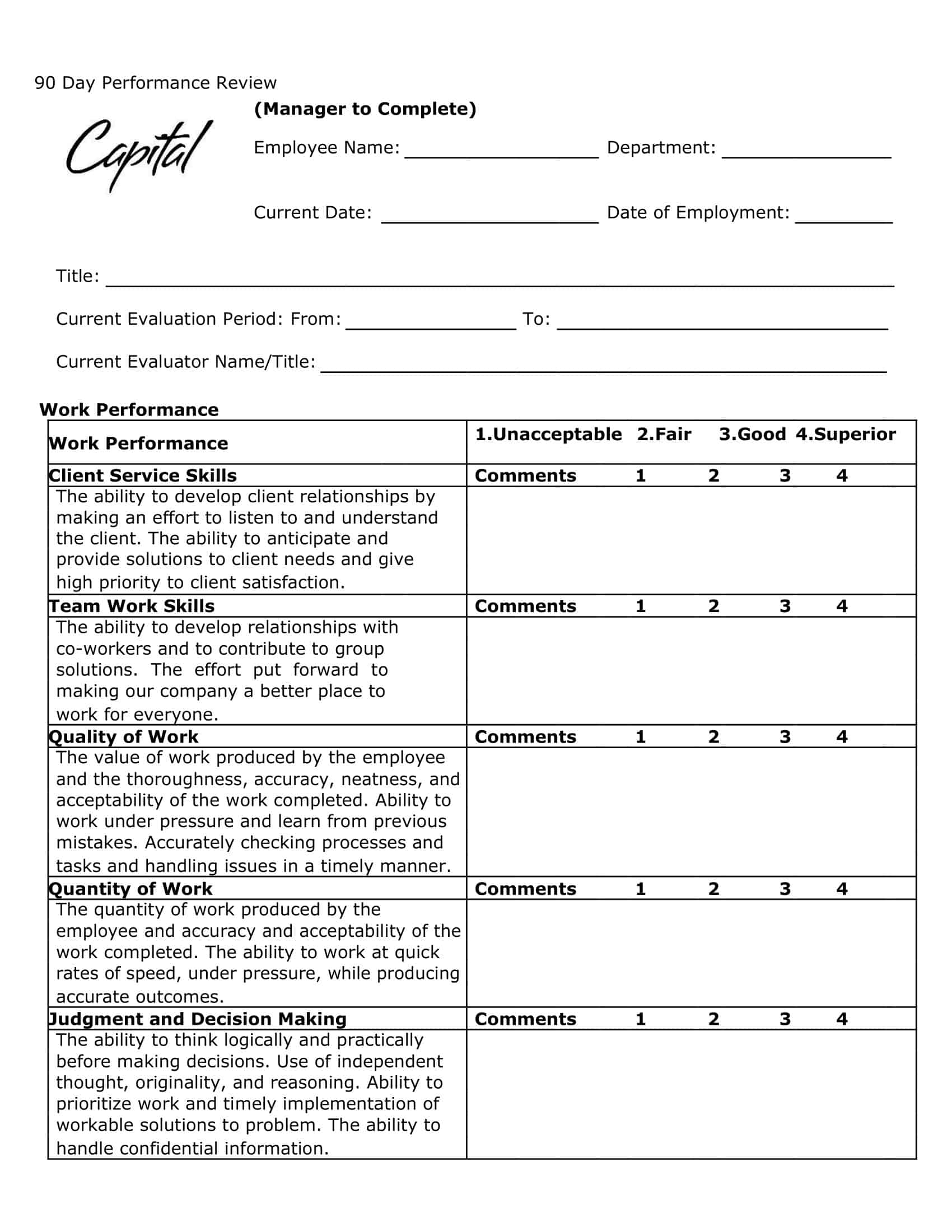 Free Printable 90 Day Review Evaluation Templates Word PDF 
