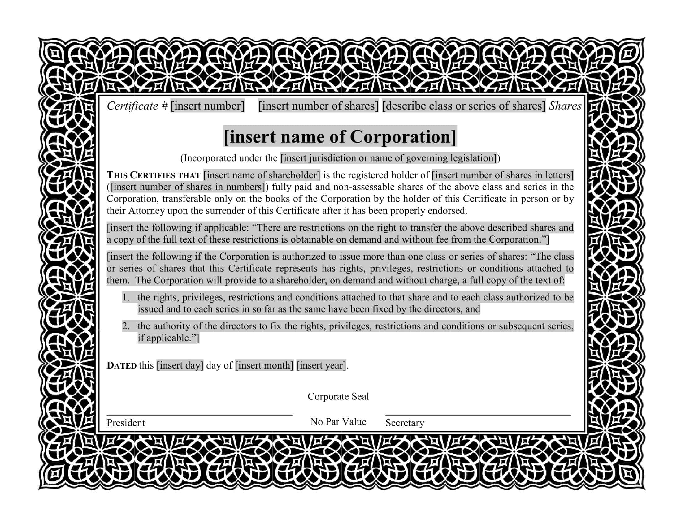 Free Printable Stock Certificate Templates [pdf And Word]
