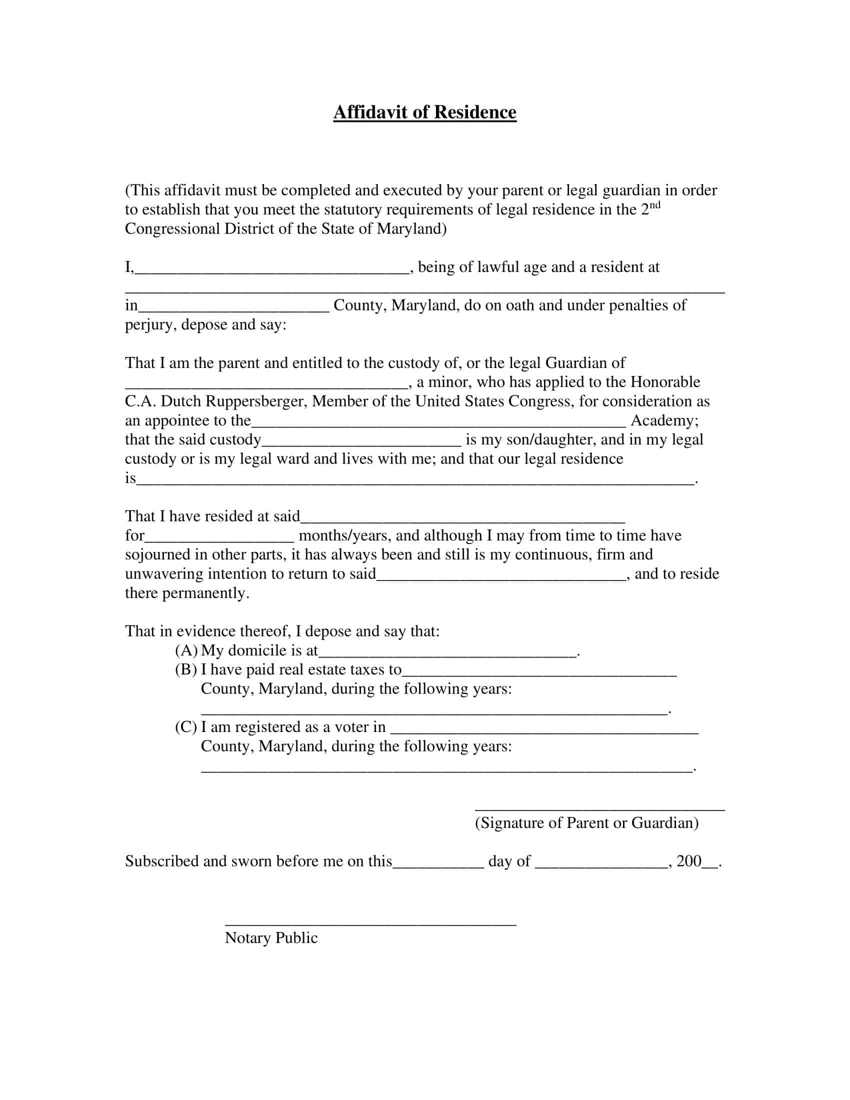Free Printable Affidavit Of Residence Template [PDF, Word]