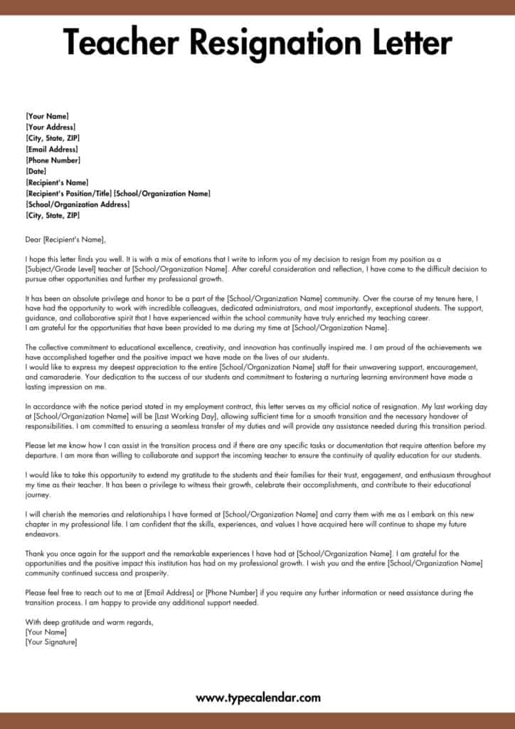 Free Printable Teacher Resignation Letter Template Easy Professional