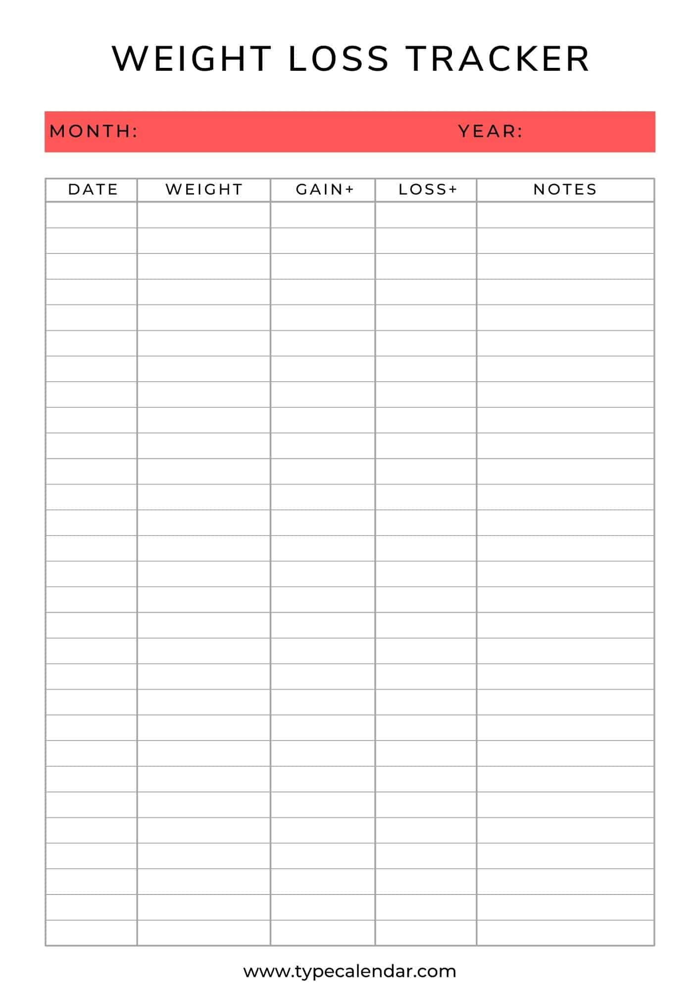 Printable Weight Loss Tracker Template Printable Free Templates