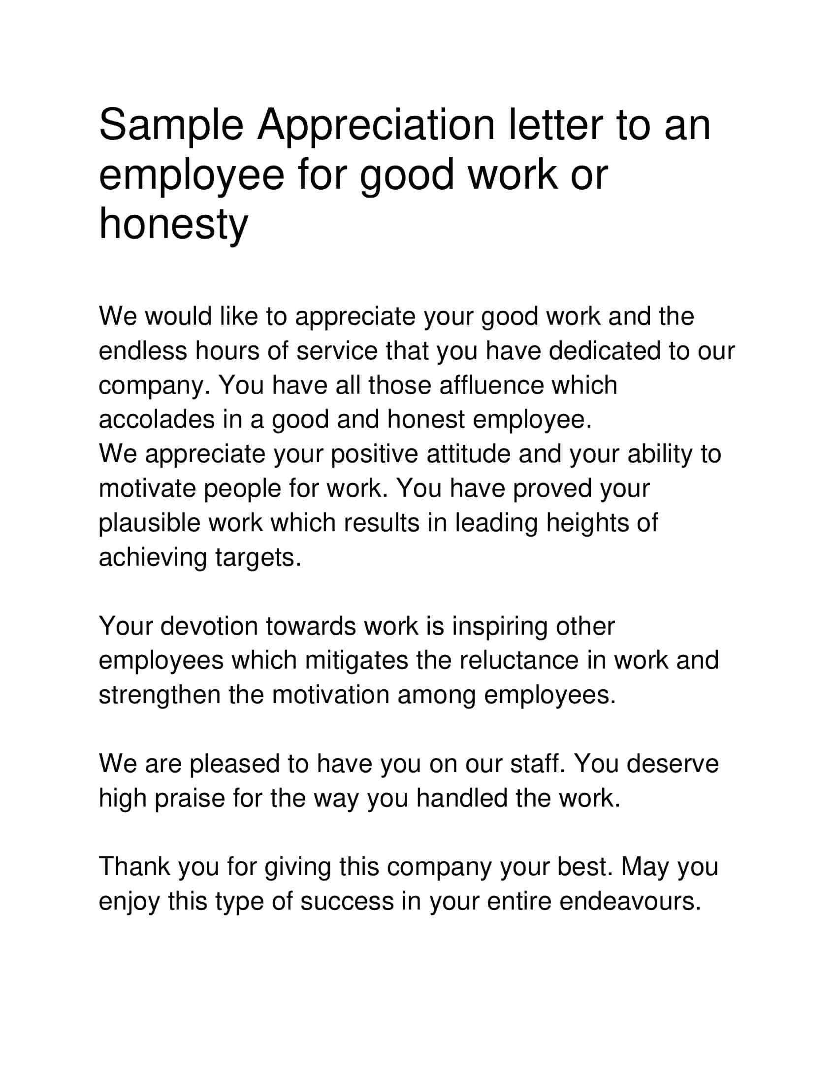 Employee Appreciation Letter Employee Appreciation Letter