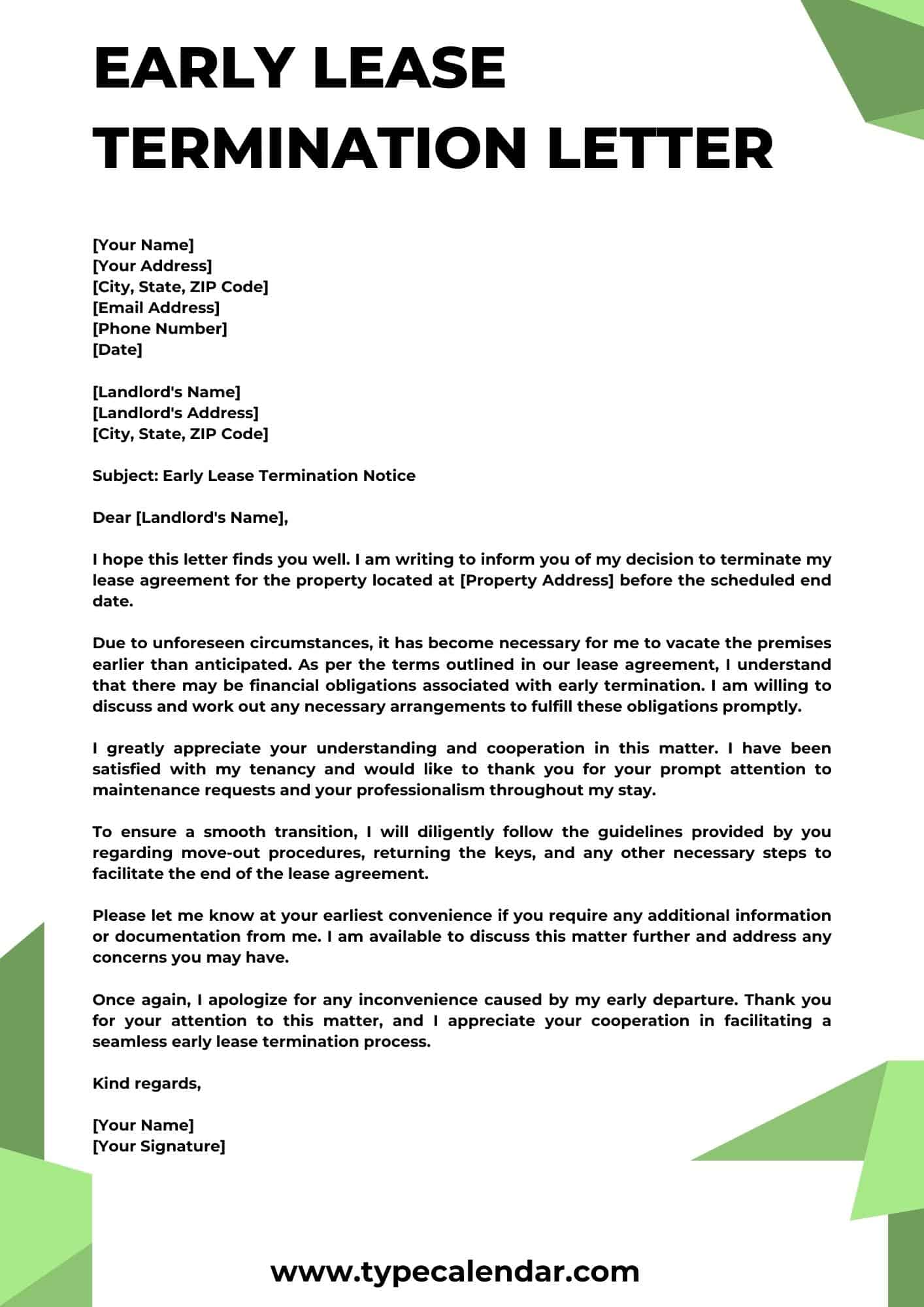 Free Printable Early Lease Termination Letter Templates PDF Word 