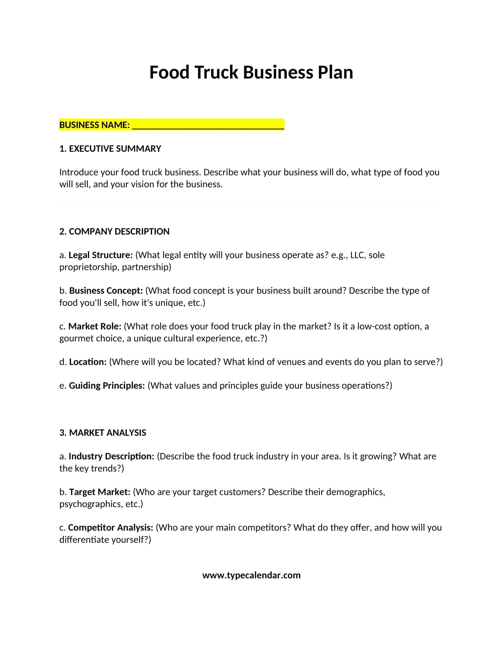 Free Printable Food Truck Business Plan Template Guide PDF