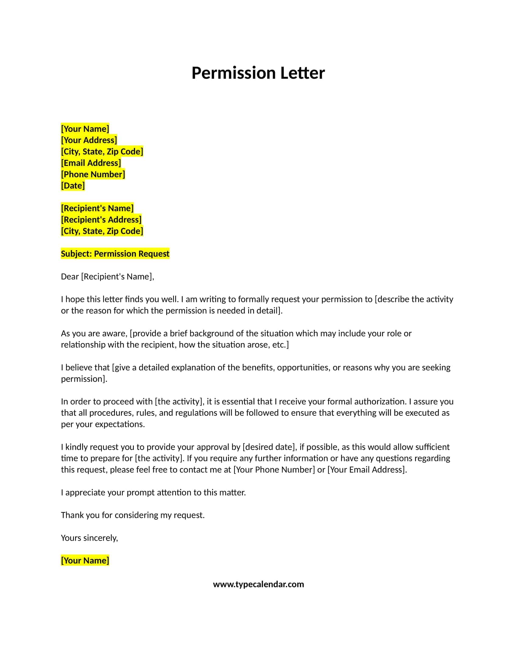 Free Printable Permission Letter Templates Word PDF 