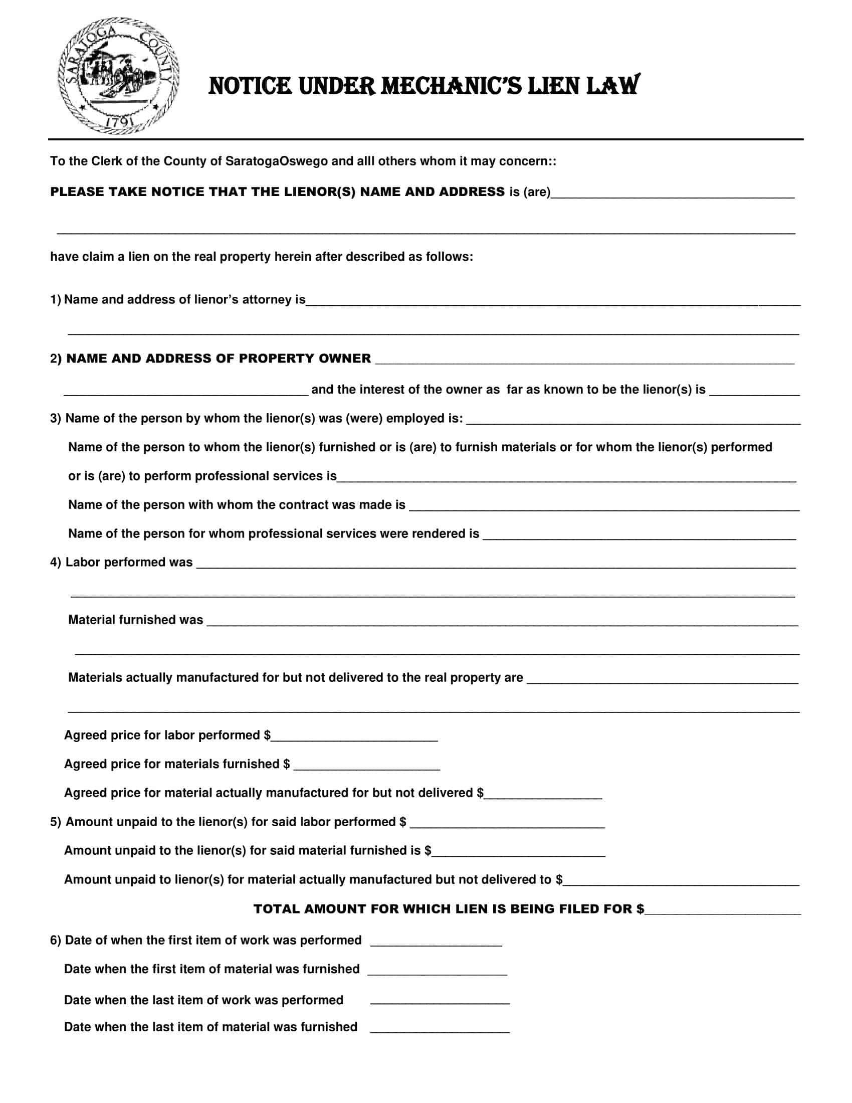Free Printable Mechanics Lien Templates PDF Word 