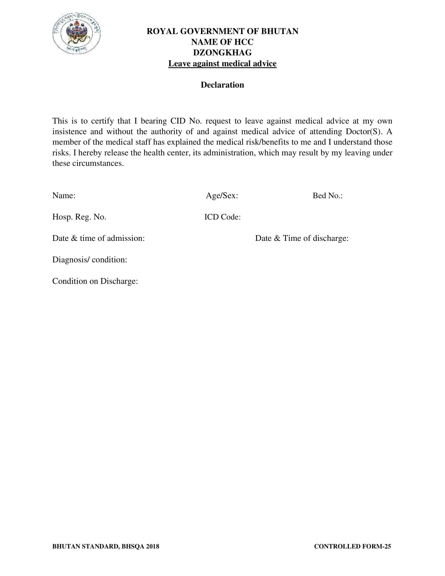 Free Printable Against Medical Advice Form Templates [PDF]