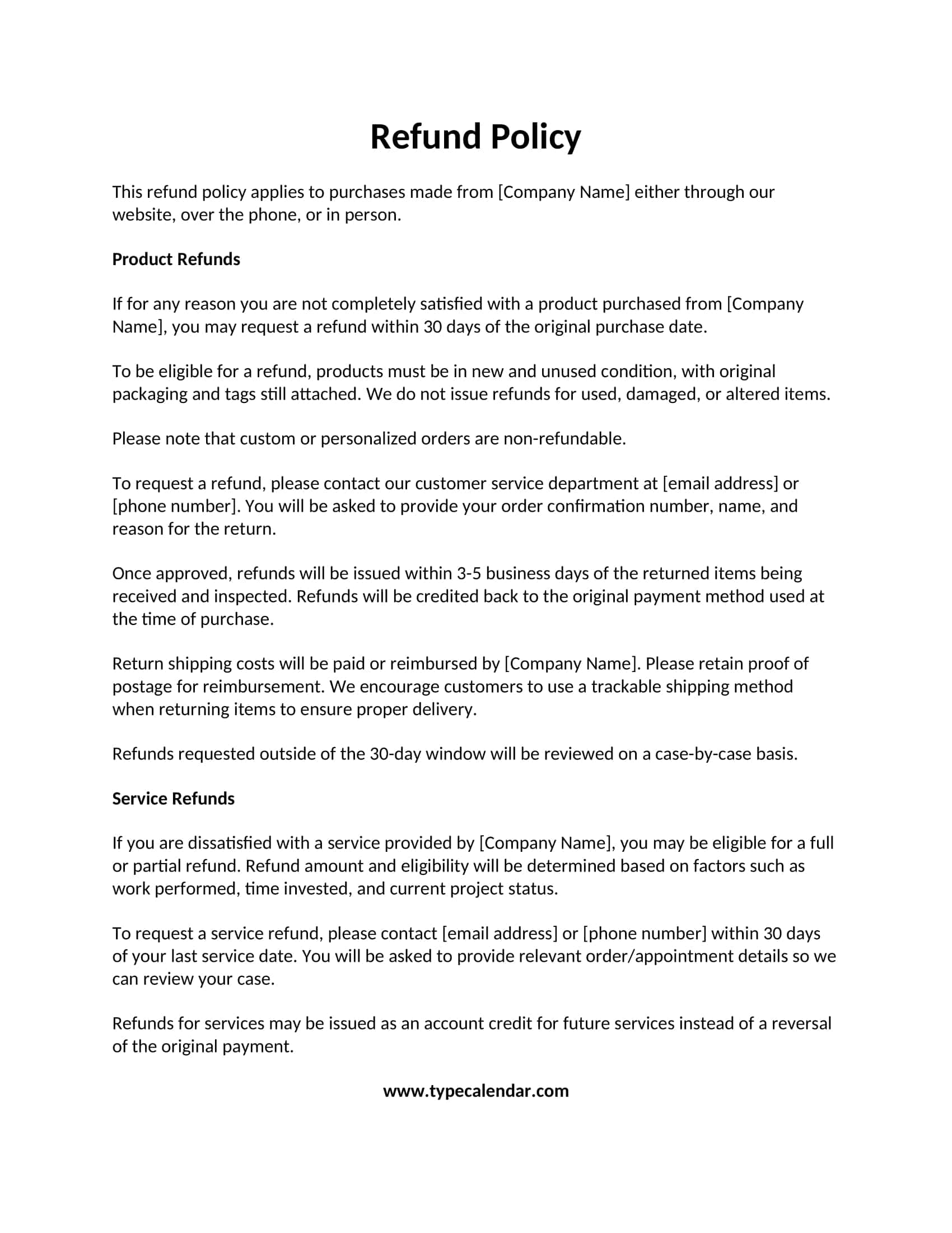 Free Printable Refund Policy Templates Word PDF Services Digital 